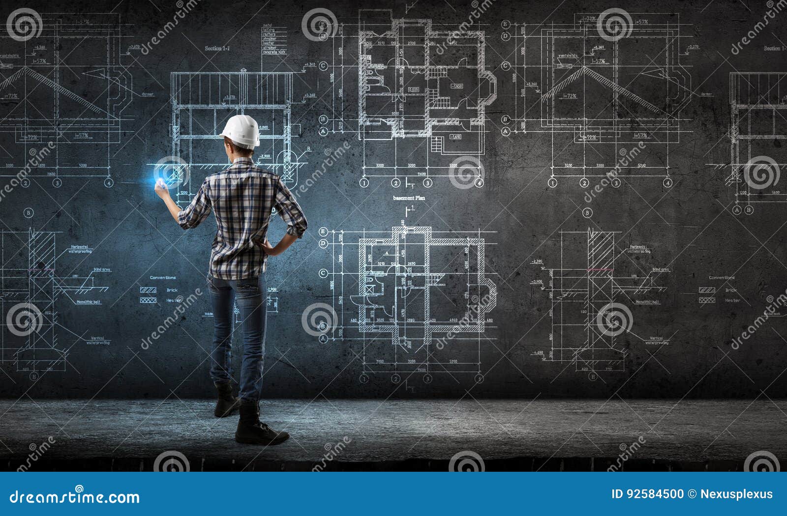 Engineer woman draw layout stock photo. Image of female - 92584500