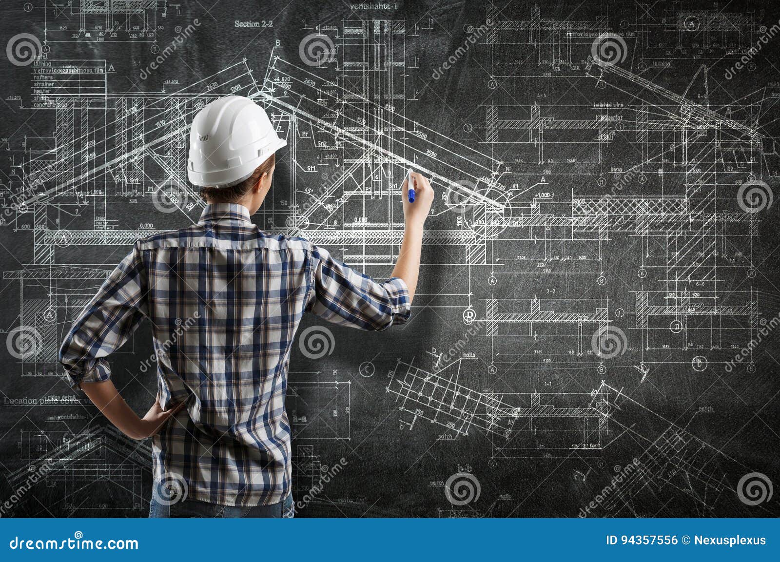 Engineer woman draw layout stock photo. Image of draw - 94357556