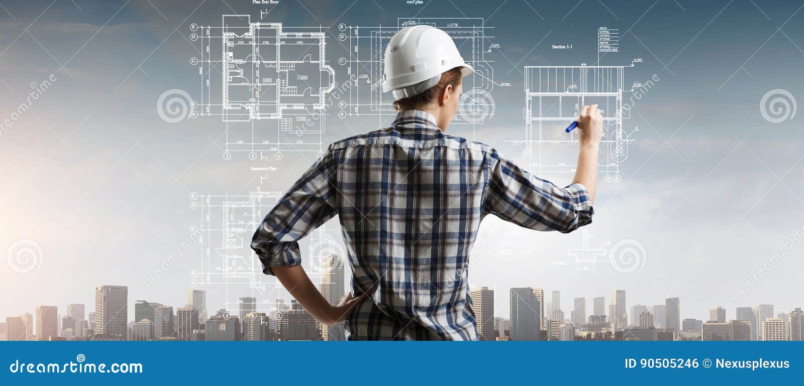 Engineer Woman Draw Layout . Mixed Media Stock Photo - Image of ...