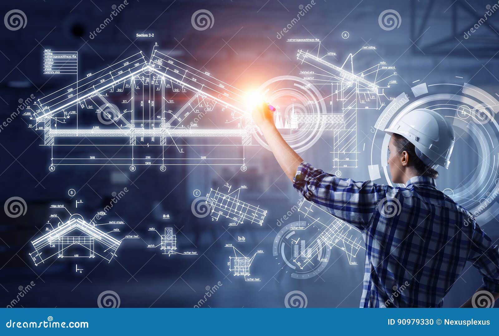 Engineer Woman Draw Layout . Mixed Media Stock Photo - Image of ...