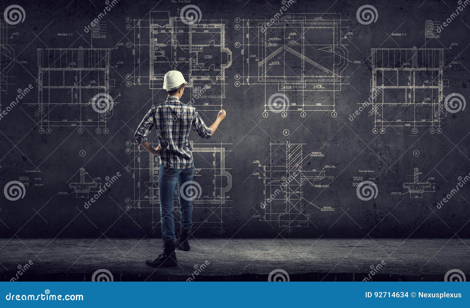 Engineer Woman Draw Layout . Mixed Media Stock Photo - Image of ...