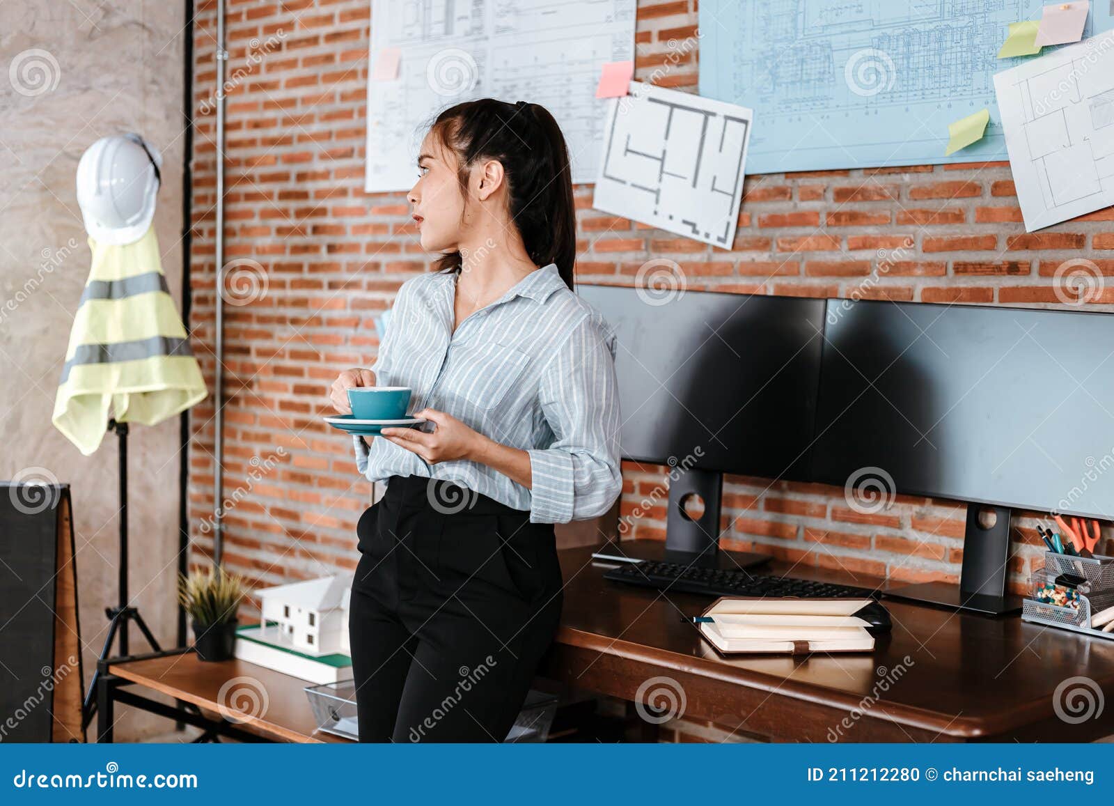 Engineer Woman Drink Coffee at Site Construction Plan. Engineer, Civel ...