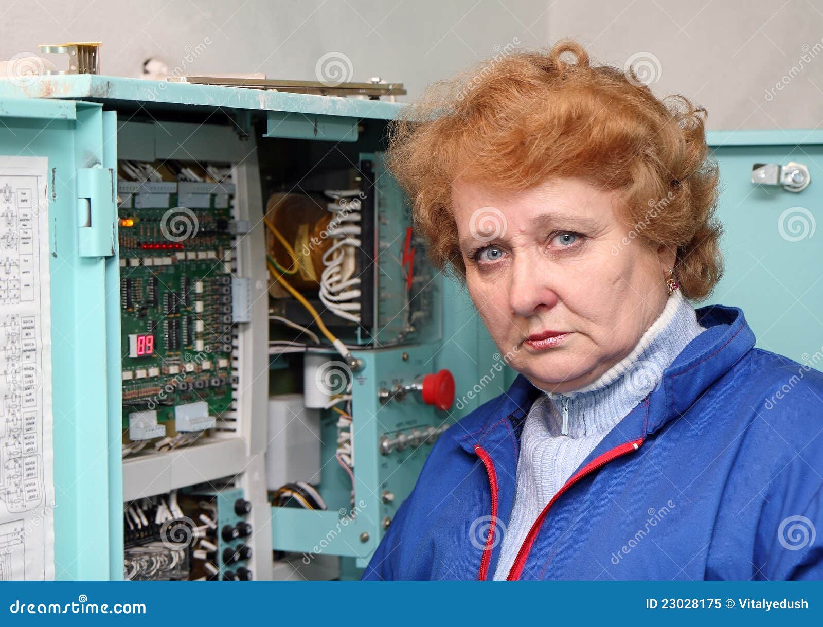 Engineer Woman in Machine Room (elevator) . Stock Image - Image of ...