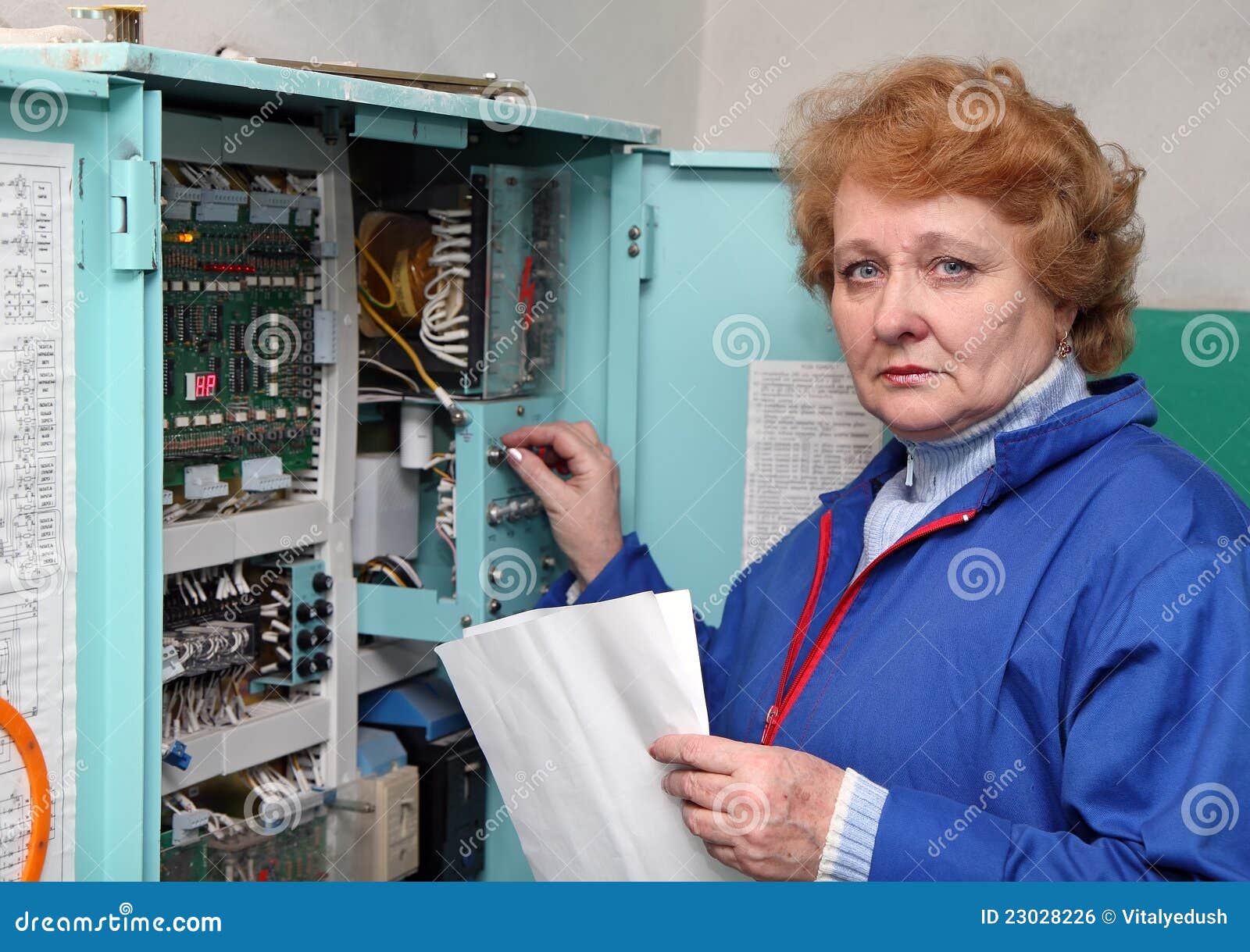 Engineer Woman in Machine Room (elevator) . Stock Photo - Image of ...