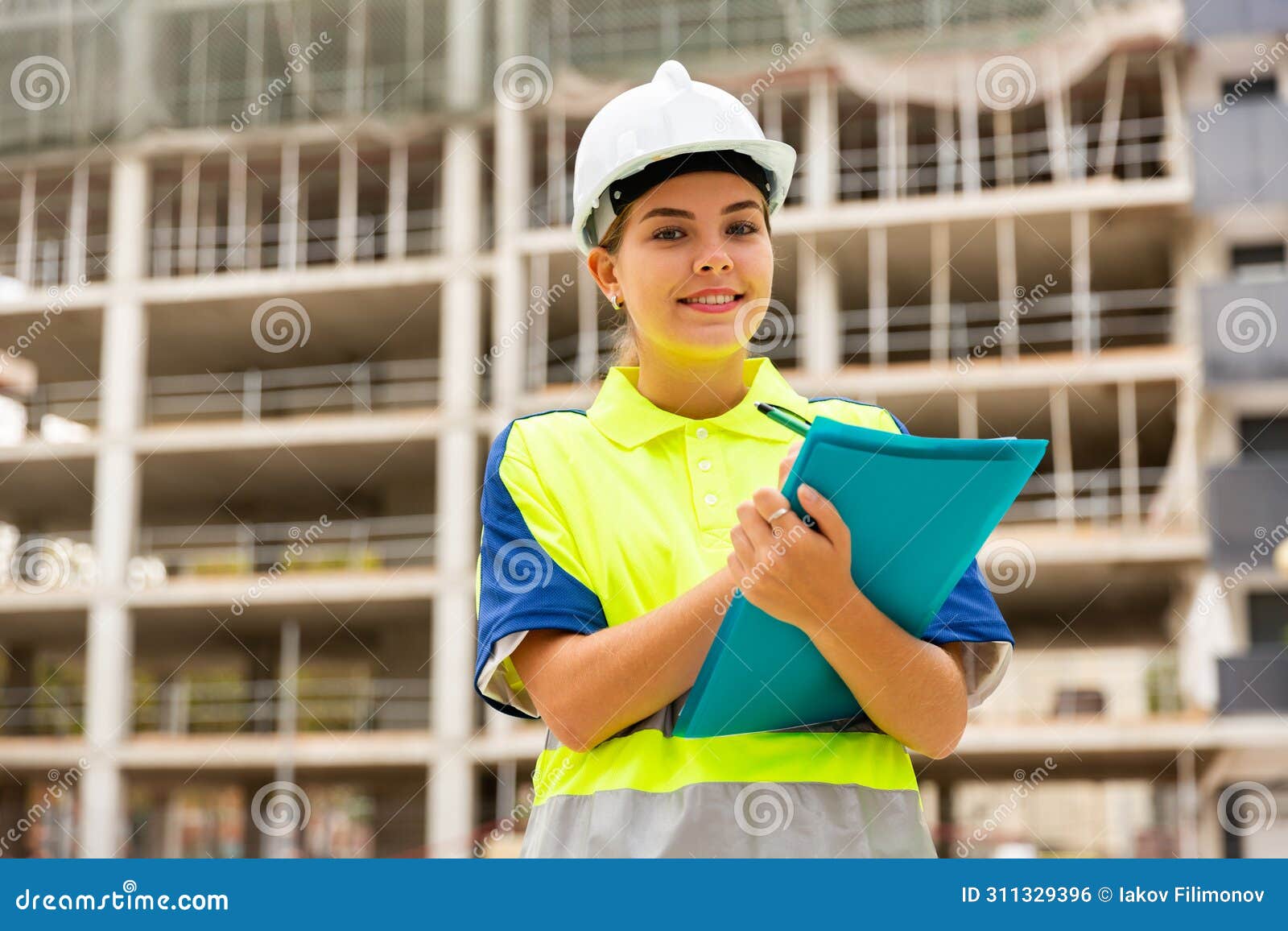 Engineer Woman with Paper Folder in Construction Site Stock Photo - Image of document, person ...