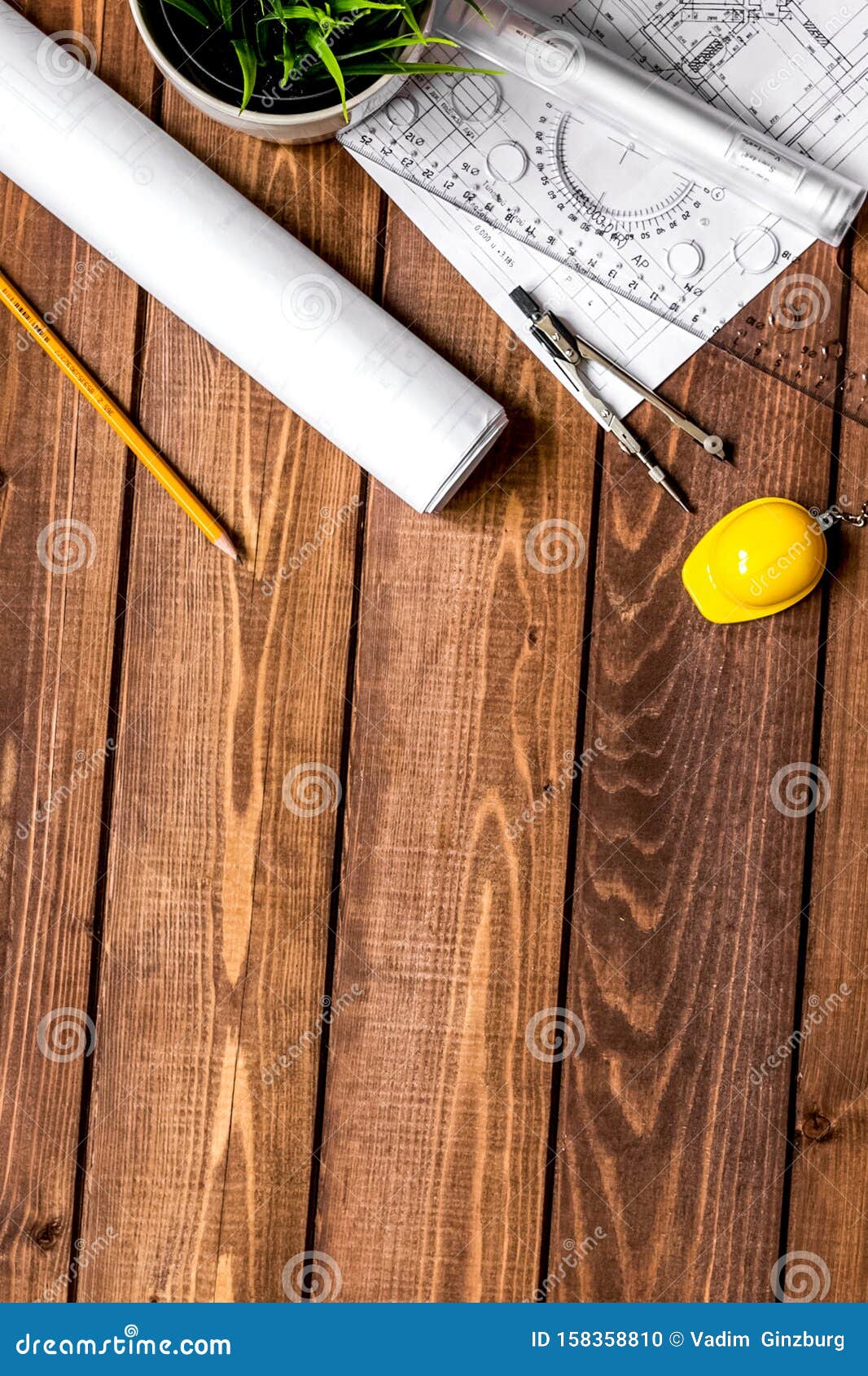 Engineer Wooden Working Desktop with Drawings Apartments Top View Stock ...