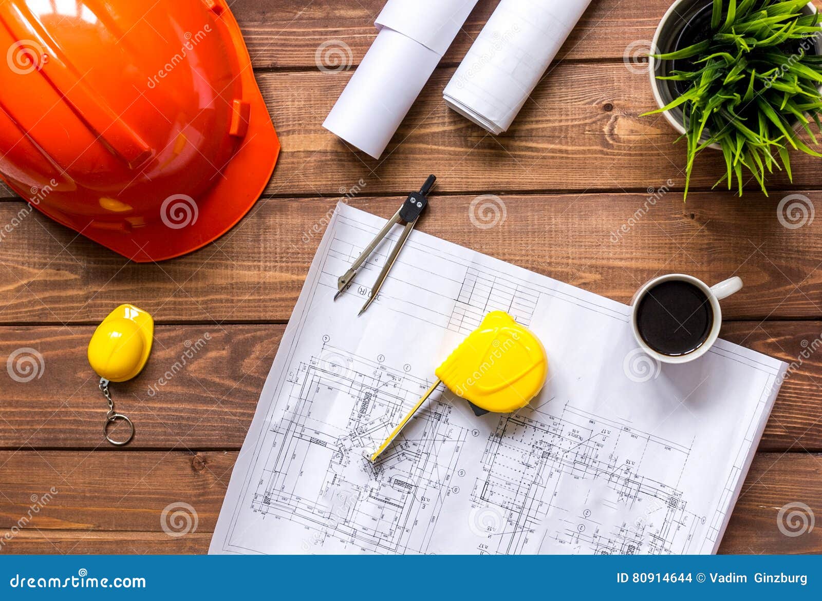 Engineer Wooden Working Desktop with Drawings Apartments Top View Stock ...