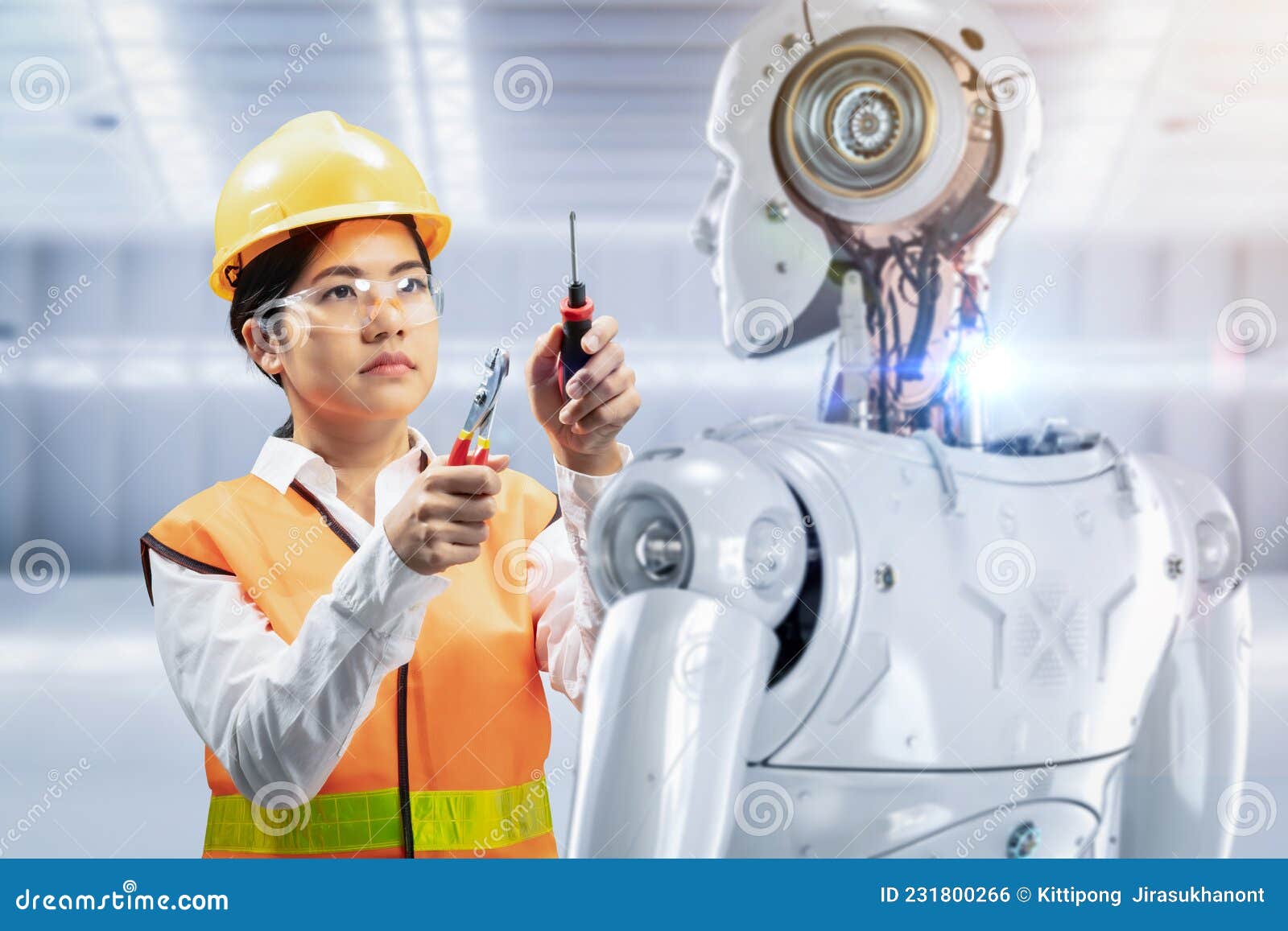 Engineer work with cyborg stock illustration. Illustration of mechanic ...