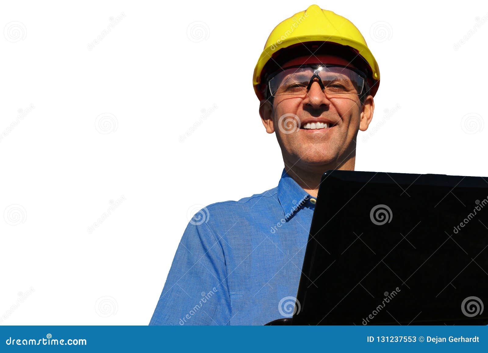 Engineer at Work with Laptop Computer Isolated Over a White Background ...