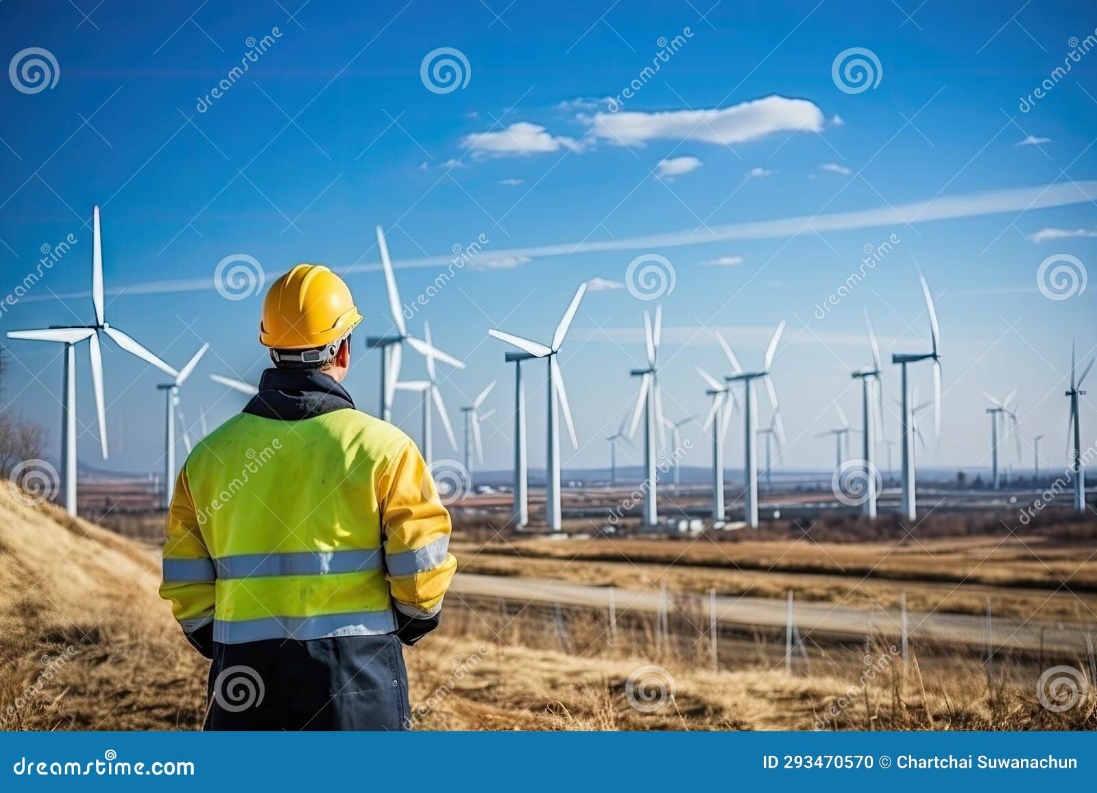 Engineer at Work Wind Turbine and Solar Panel. Generative AI Stock ...