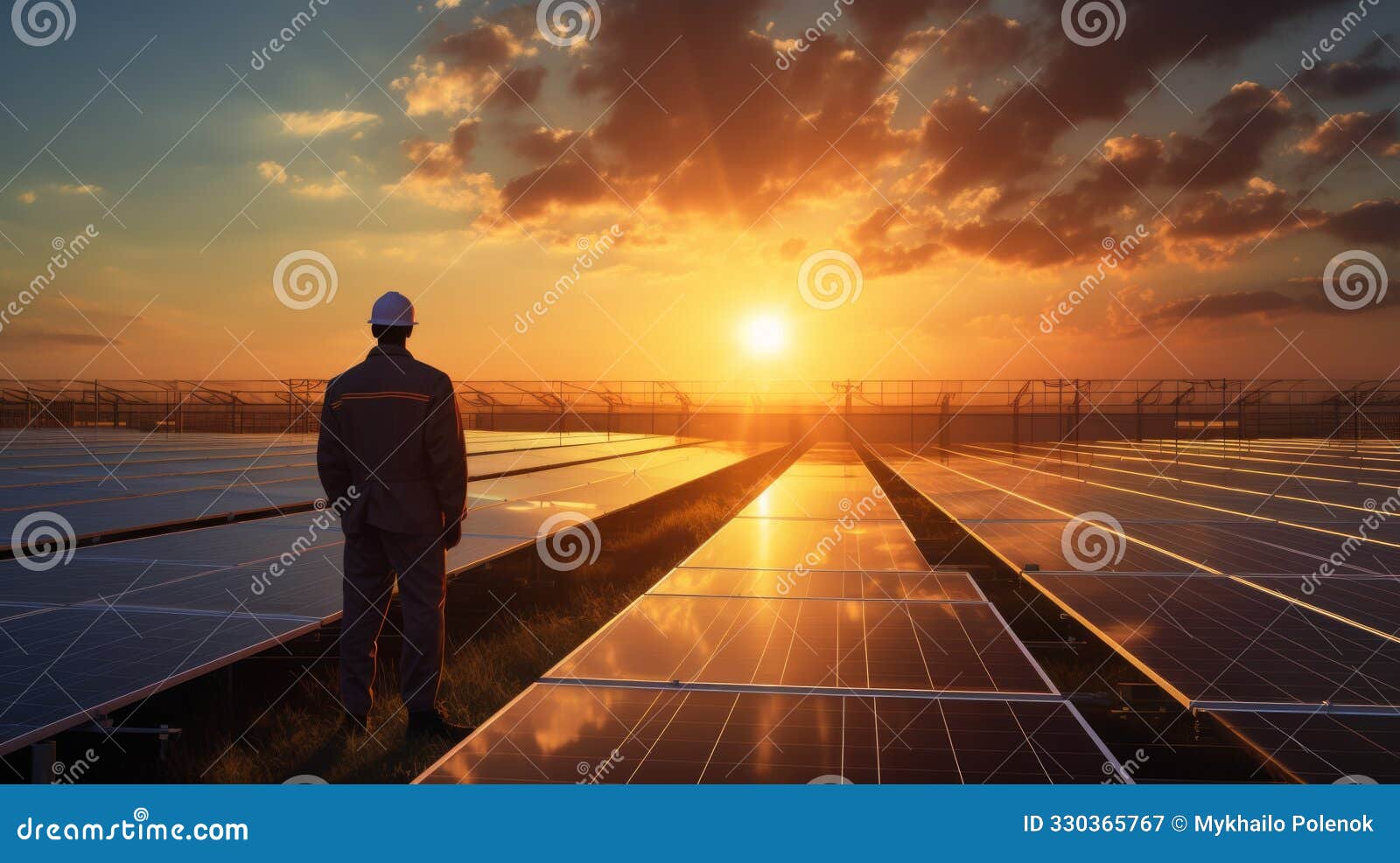Engineer Worker Back View with Solar Panel at Solar Farm. Neural ...