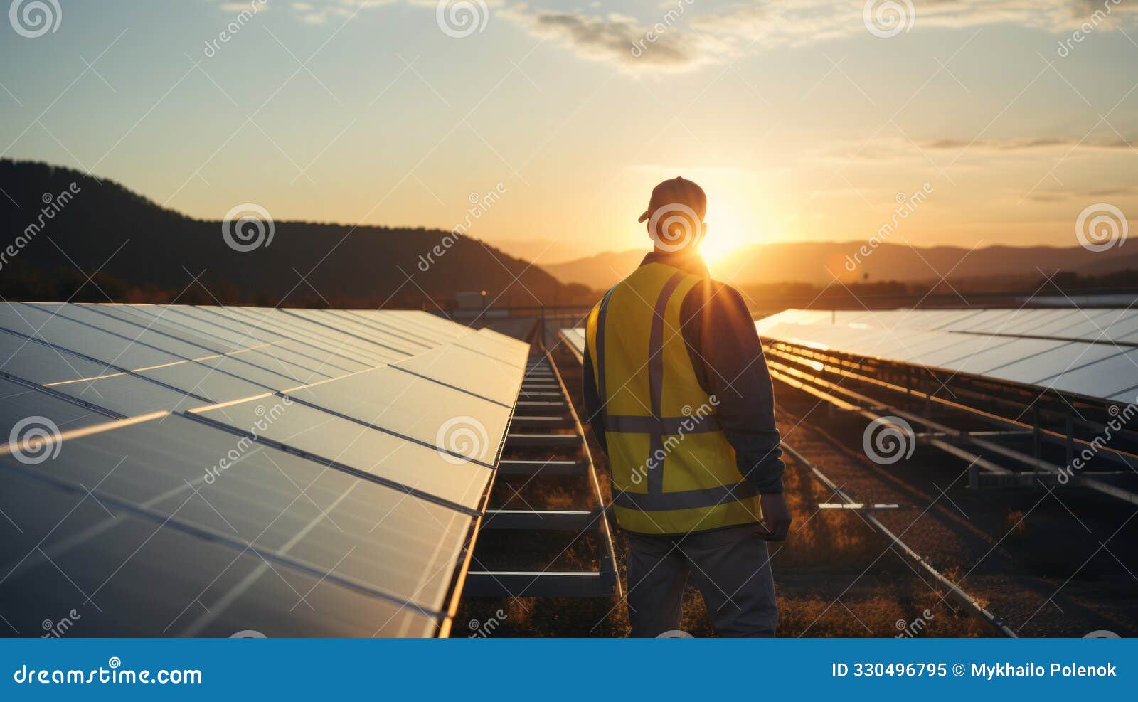 Engineer Worker Back View with Solar Panel at Solar Farm. Neural ...