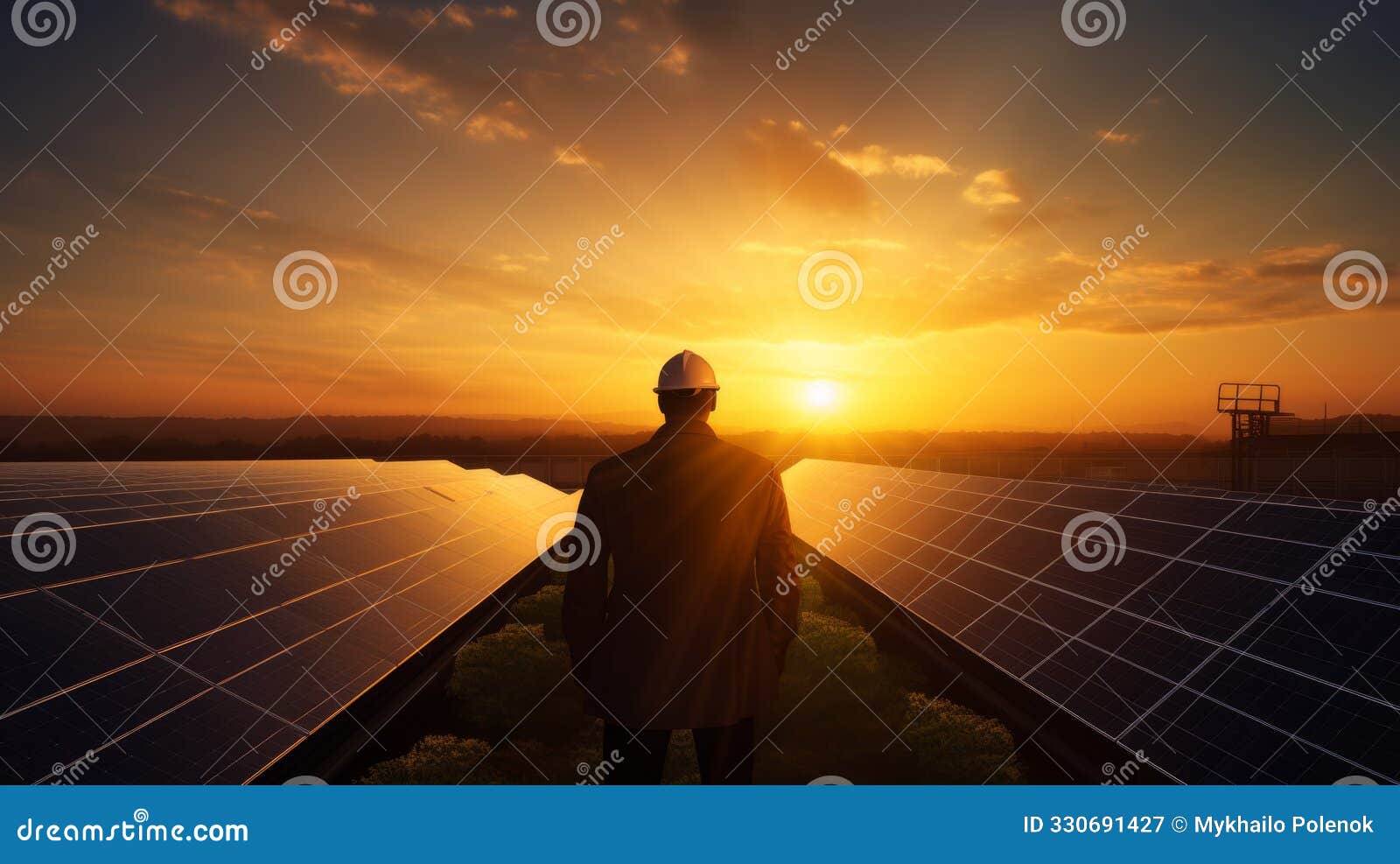 Engineer Worker Back View with Solar Panel at Solar Farm. Neural ...