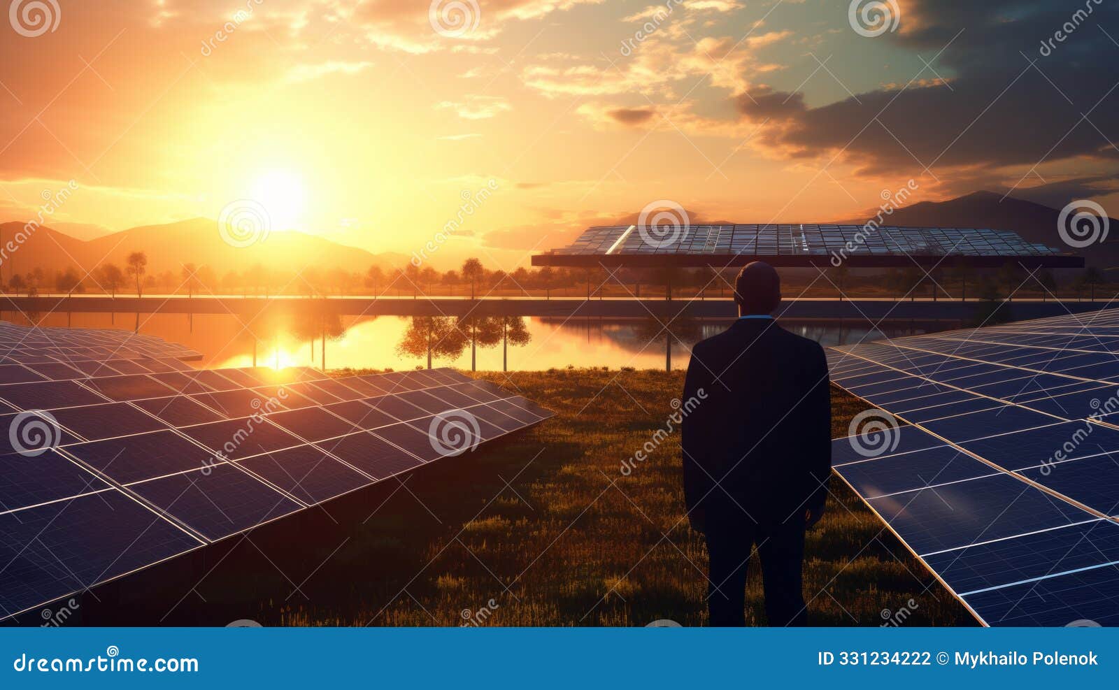 Engineer Worker Back View with Solar Panel at Solar Farm. Neural ...
