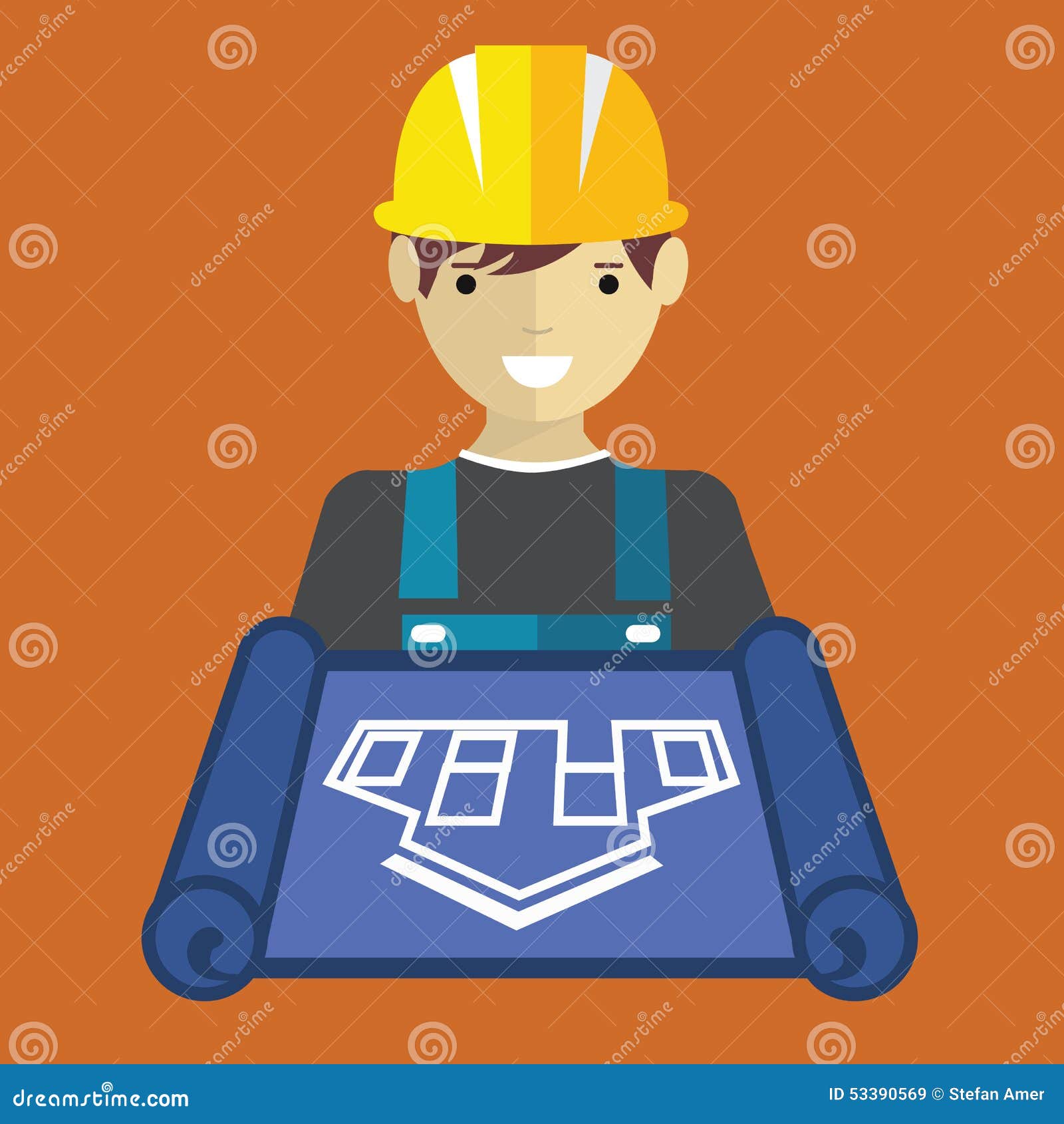 Engineer Worker With Blueprint Cartoon Vector | CartoonDealer.com #53390569