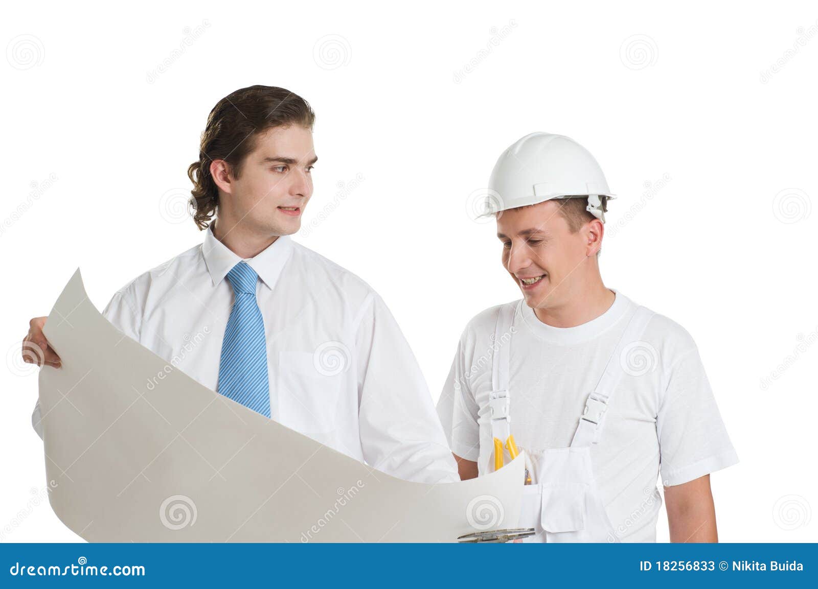 Engineer and Worker Discussing Stock Image - Image of blueprint ...