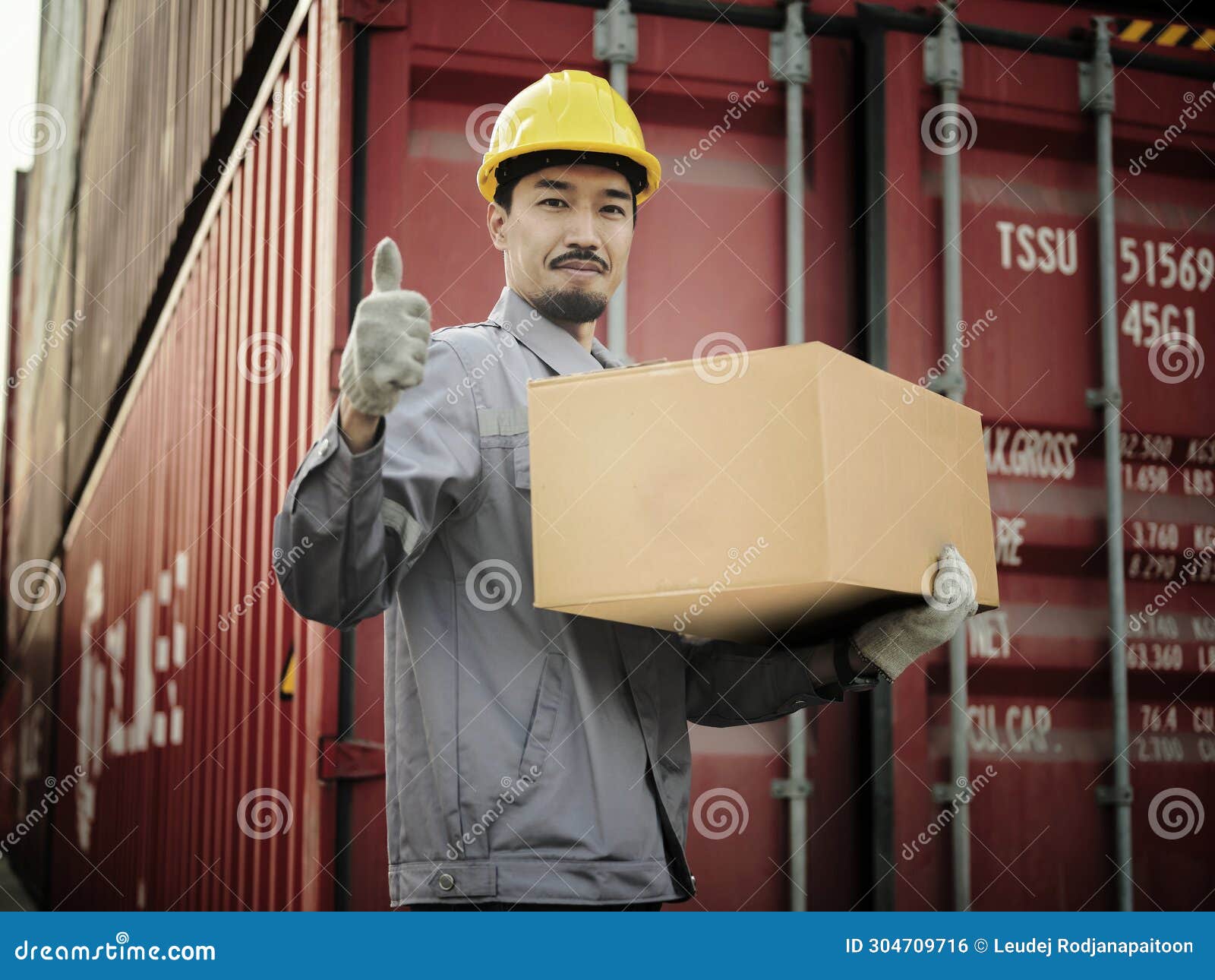 Engineer Worker Hold Cardboard Box Packaging Showing Thumbs Up Stock ...
