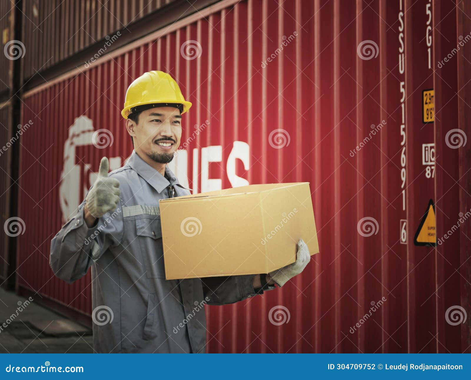 Engineer Worker Hold Cardboard Box Packaging Showing Thumbs Up Stock ...