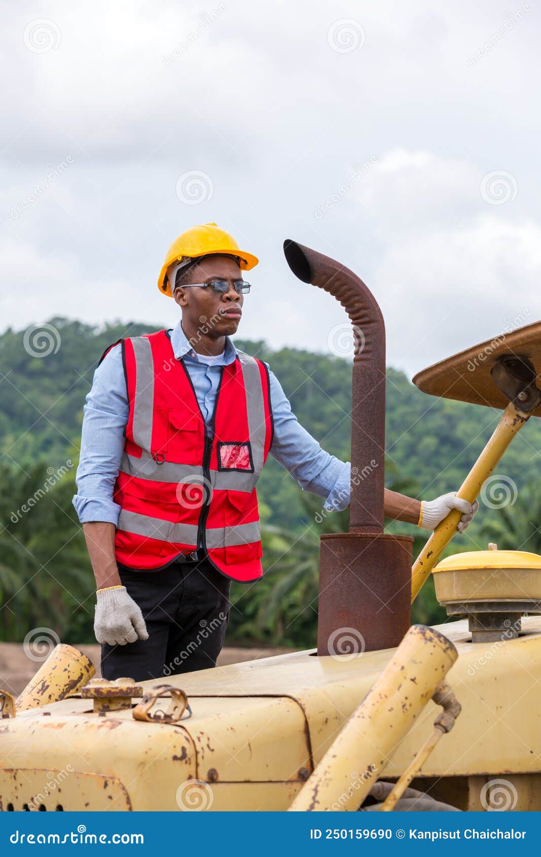 Engineer or Worker Operator Driving Excavator on Construction Building ...
