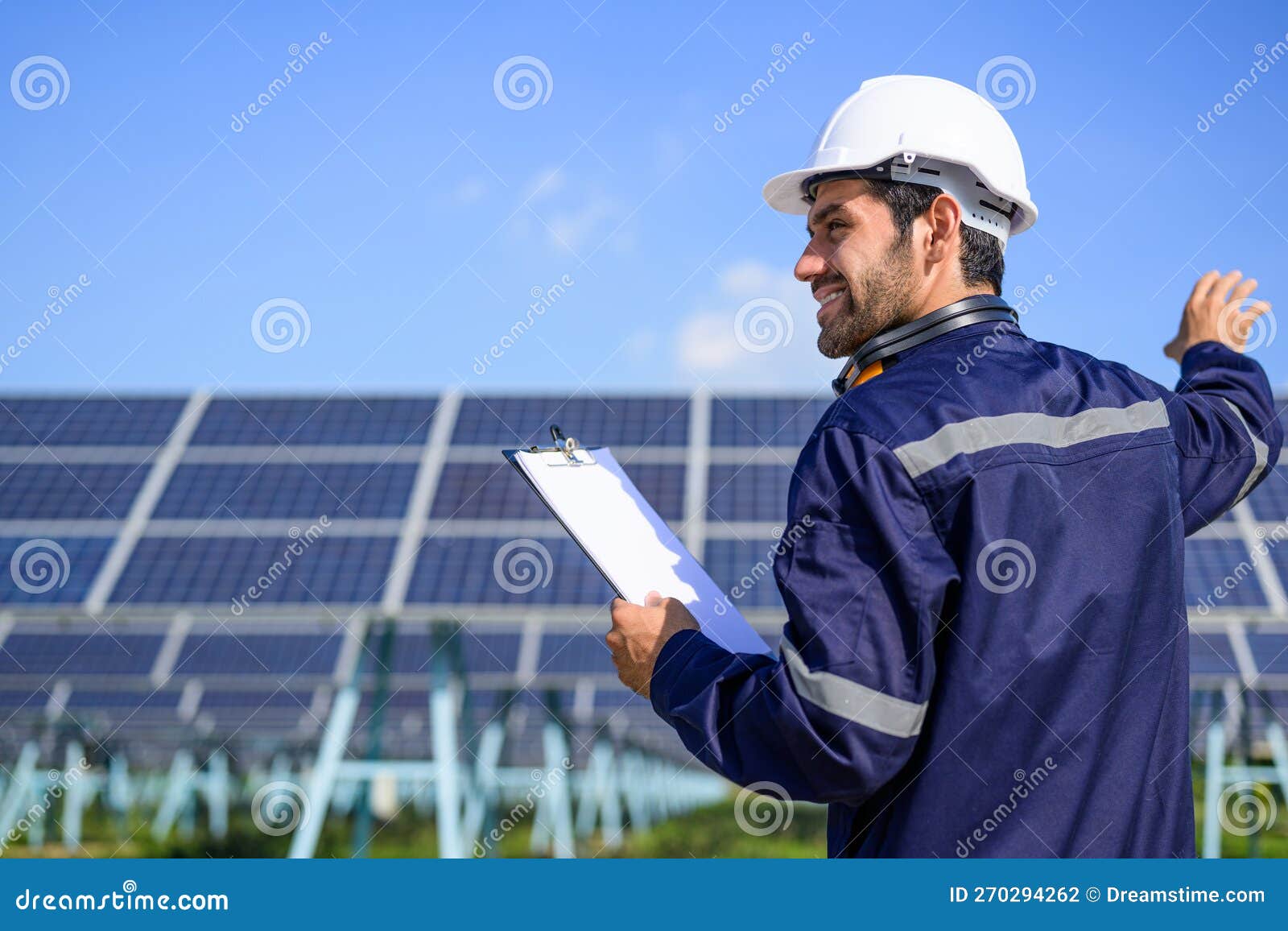 Engineer Worker Portrait with Solar Panel at Solar Farm Stock Photo ...