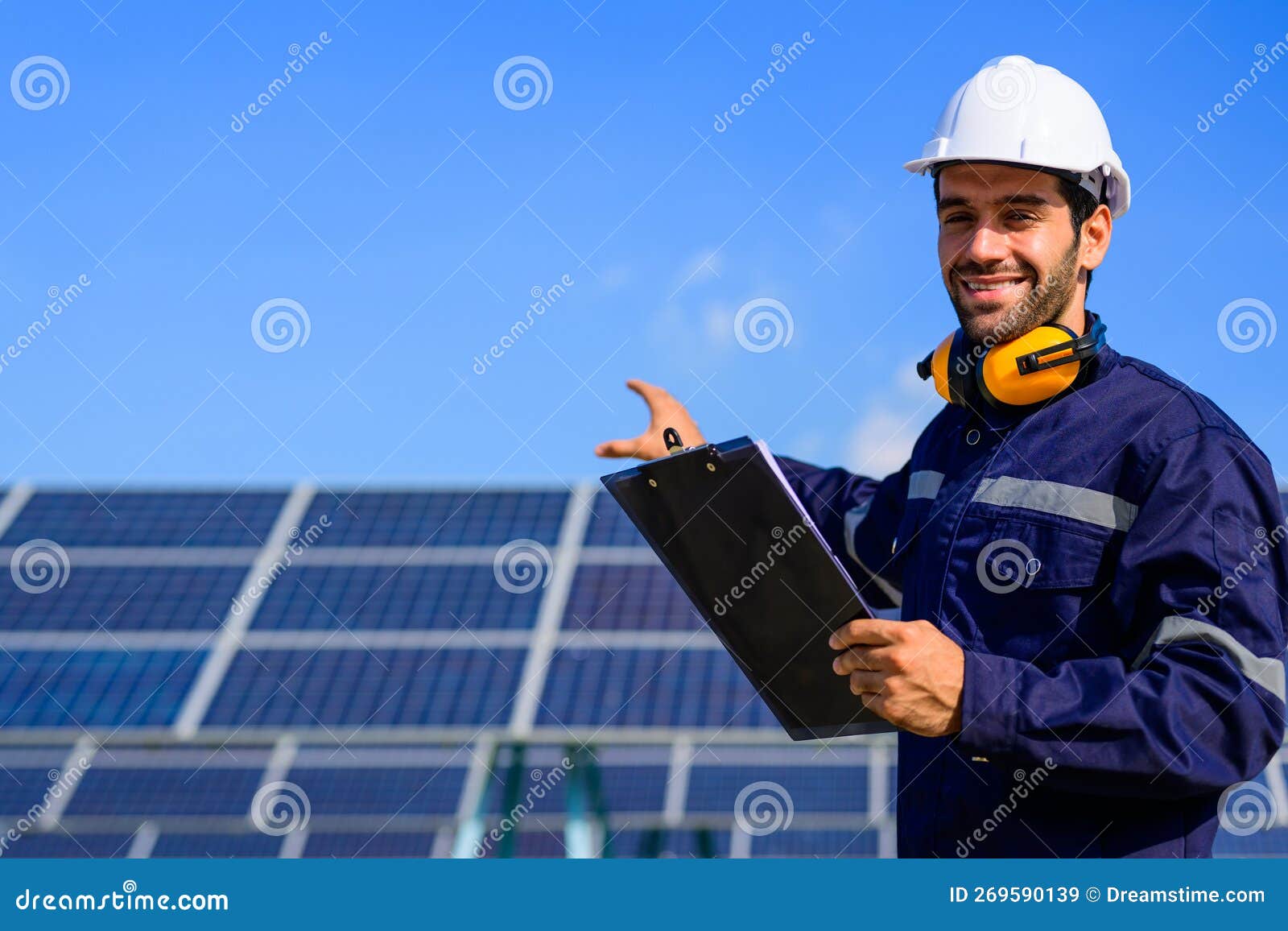 Engineer Worker Portrait with Solar Panel at Solar Farm Stock Image ...