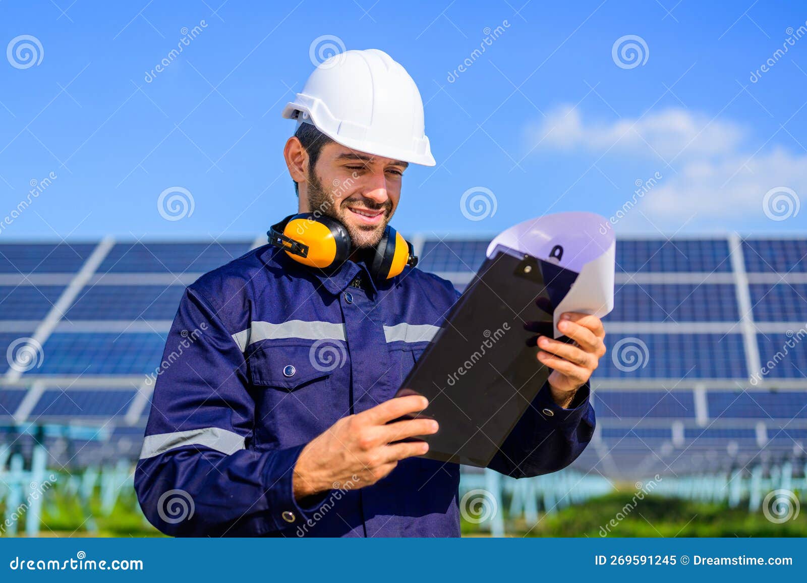Engineer Worker Portrait with Solar Panel at Solar Farm Stock Image ...