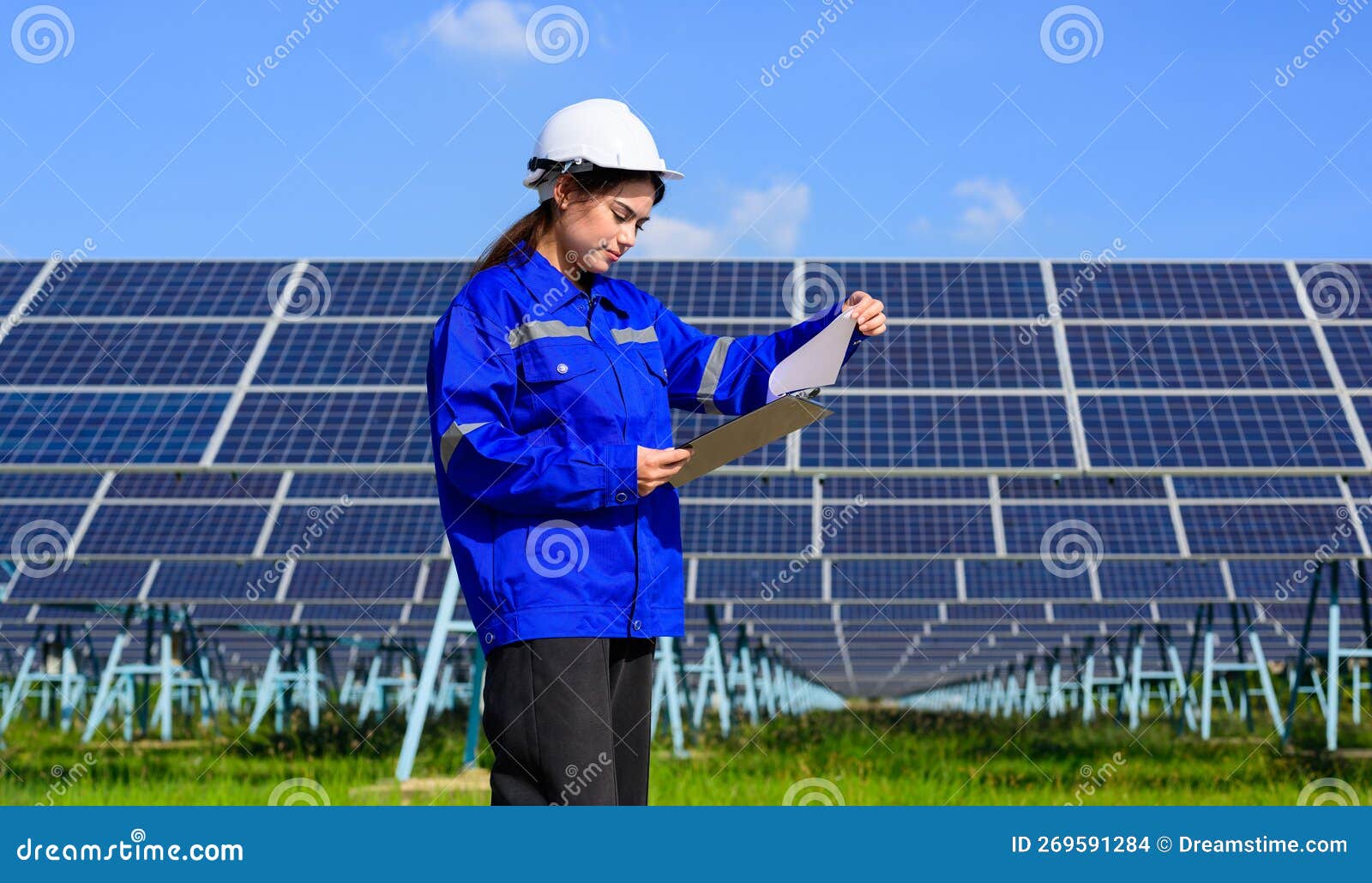 Engineer Worker Portrait with Solar Panel at Solar Farm Stock Photo ...