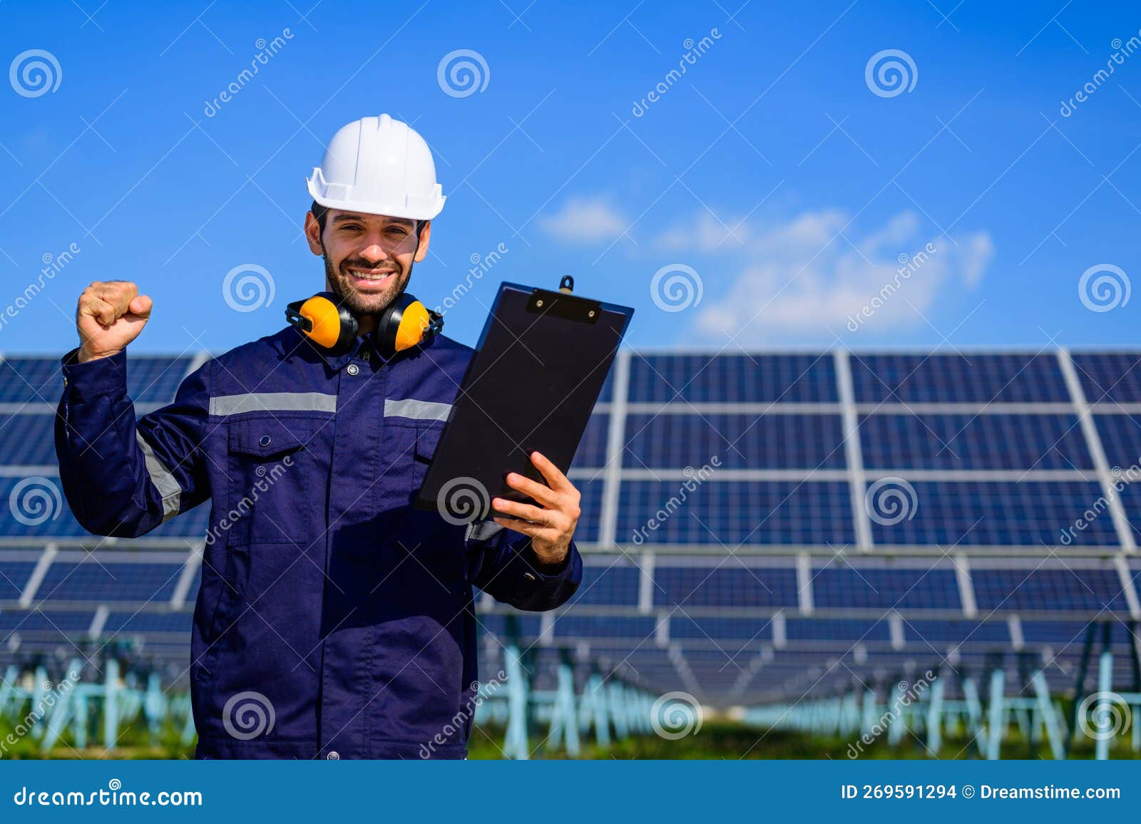 Engineer Worker Portrait with Solar Panel at Solar Farm Stock Photo ...