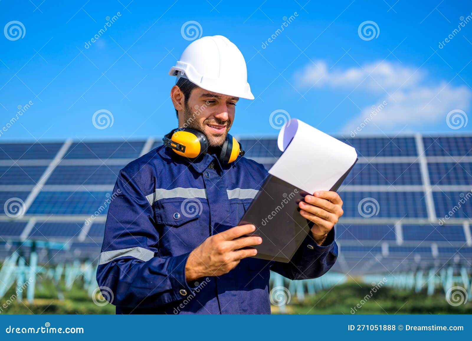 Engineer Worker Portrait with Solar Panel at Solar Farm Stock Photo ...
