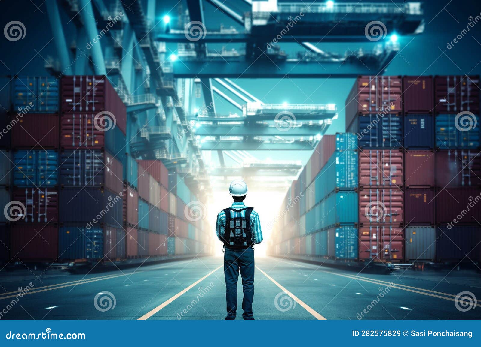 Engineer Worker Standing on Containers Terminal Background. Warehouse ...