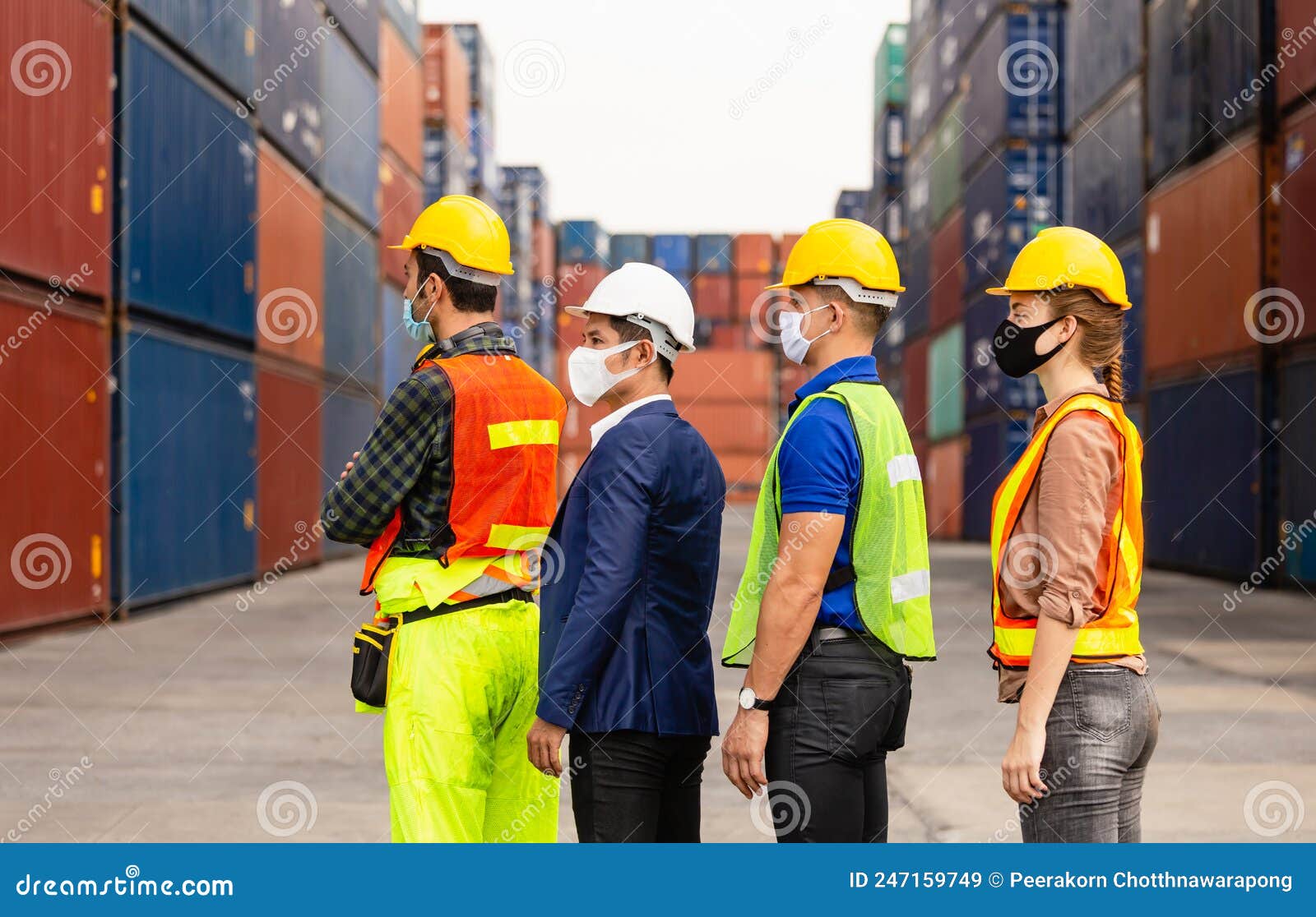 Engineer Worker and Supervisor Team in the Container Yard, Industrial ...