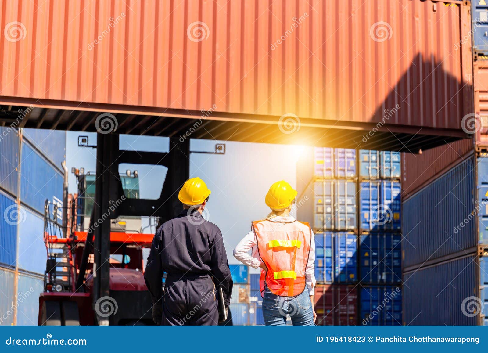 Engineer and Worker Team Checking Containers Box from Cargo, Logistic ...