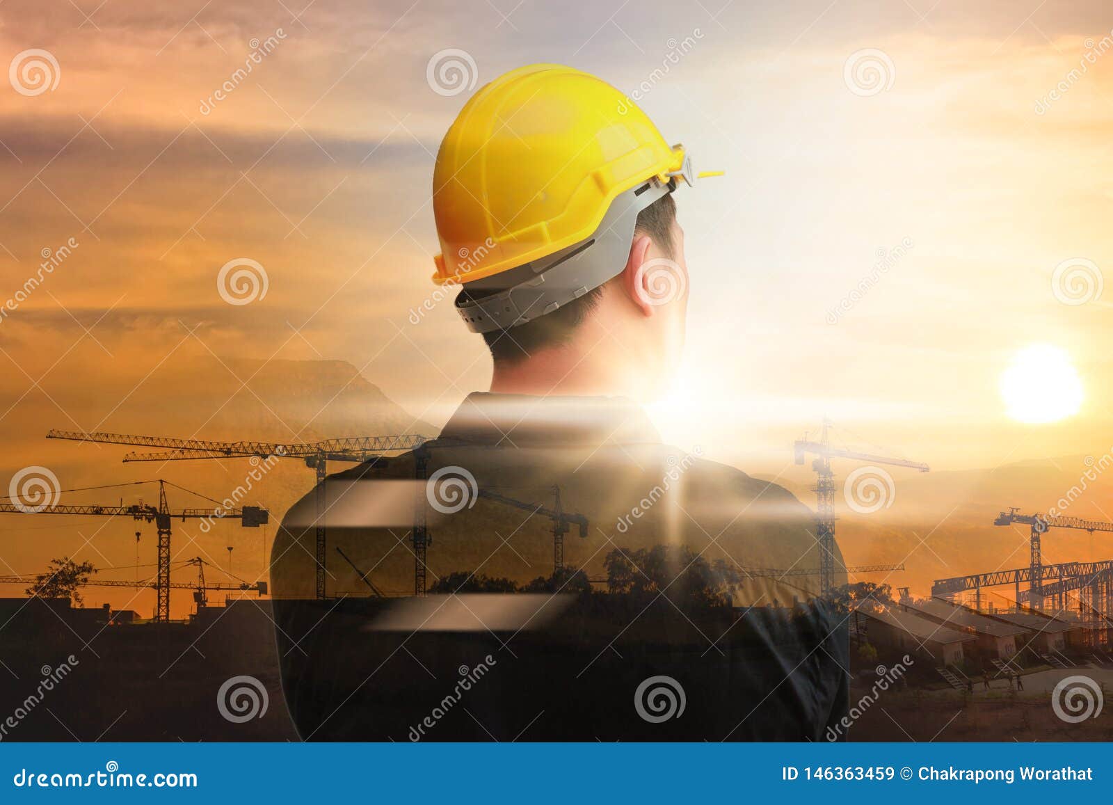 Engineer Workers on Background of Construction Cranes on Background ...
