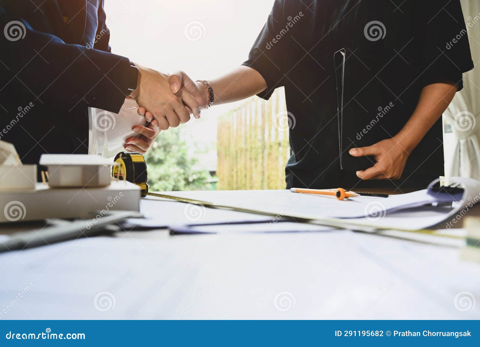 Engineer Workers Shaking Hands Together Congratulation, Finished or ...