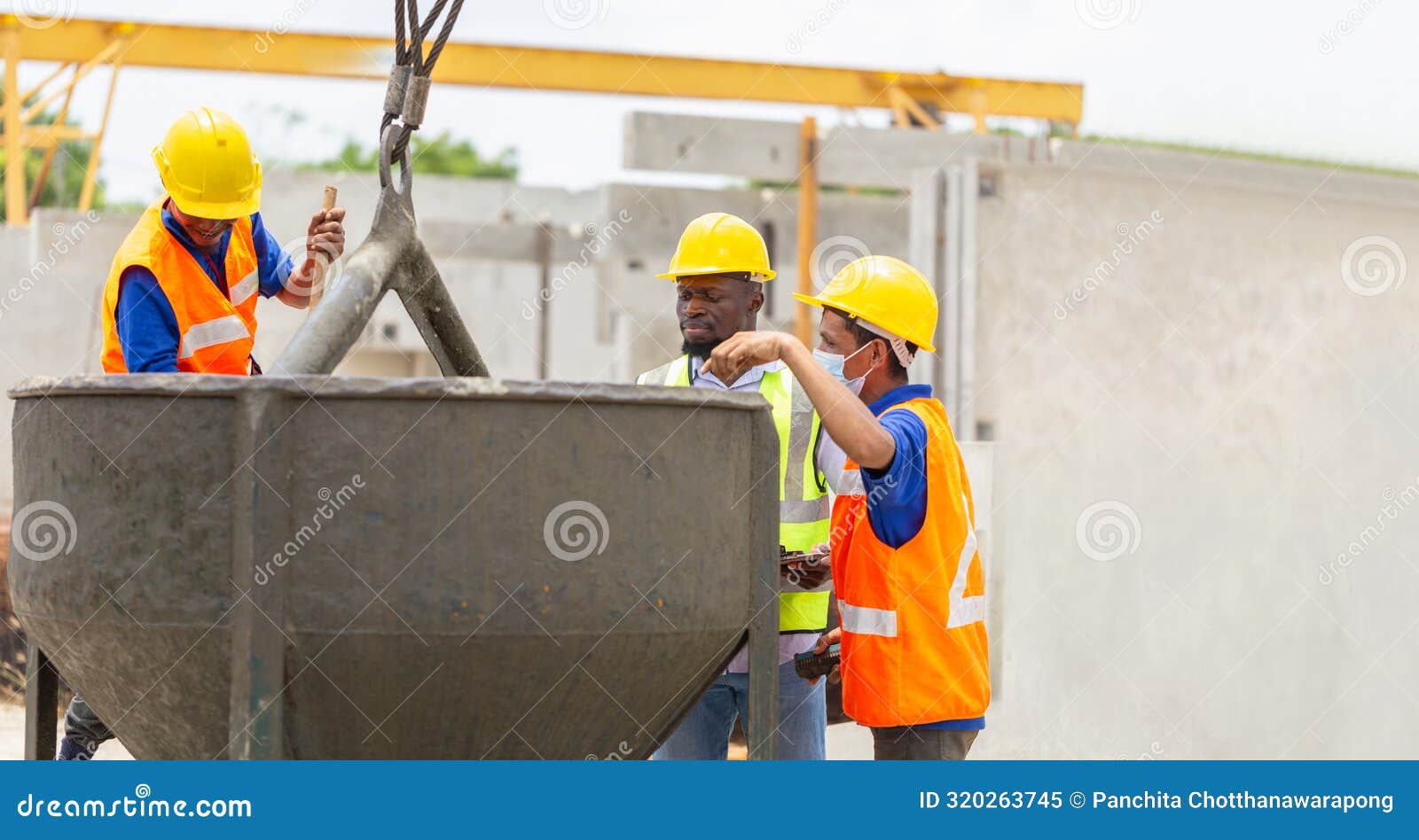 Engineer and Workers Team Discussing at Precast Concrete Factory Site ...