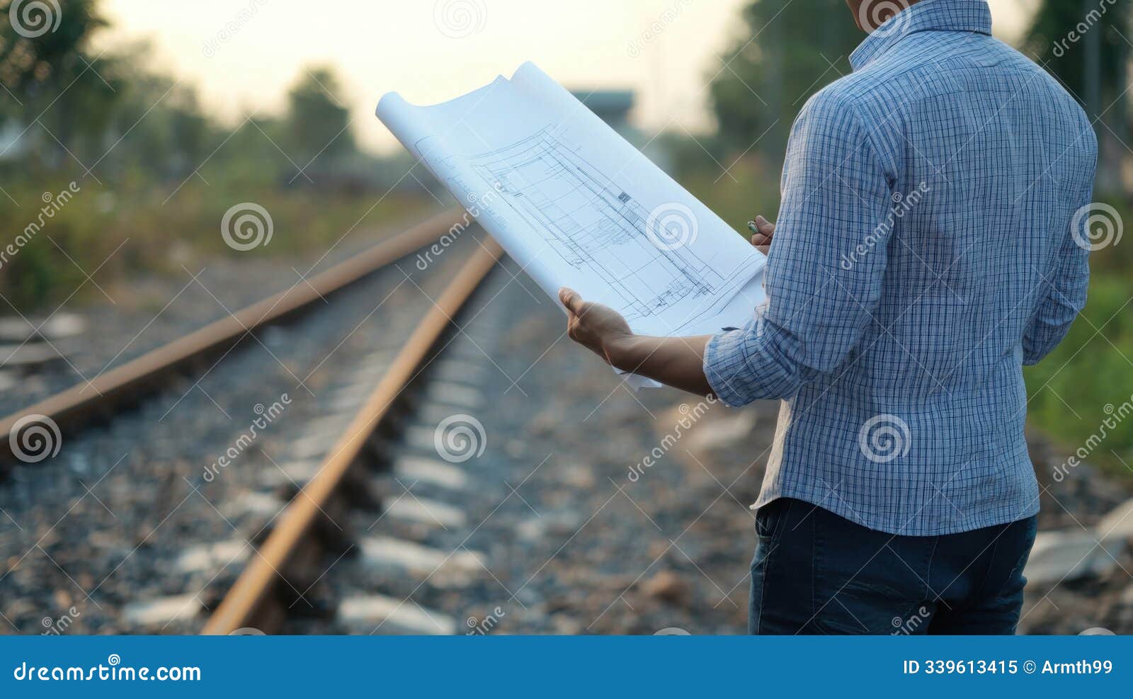 Engineer Working with Blueprints at Railway Station. Engineering ...