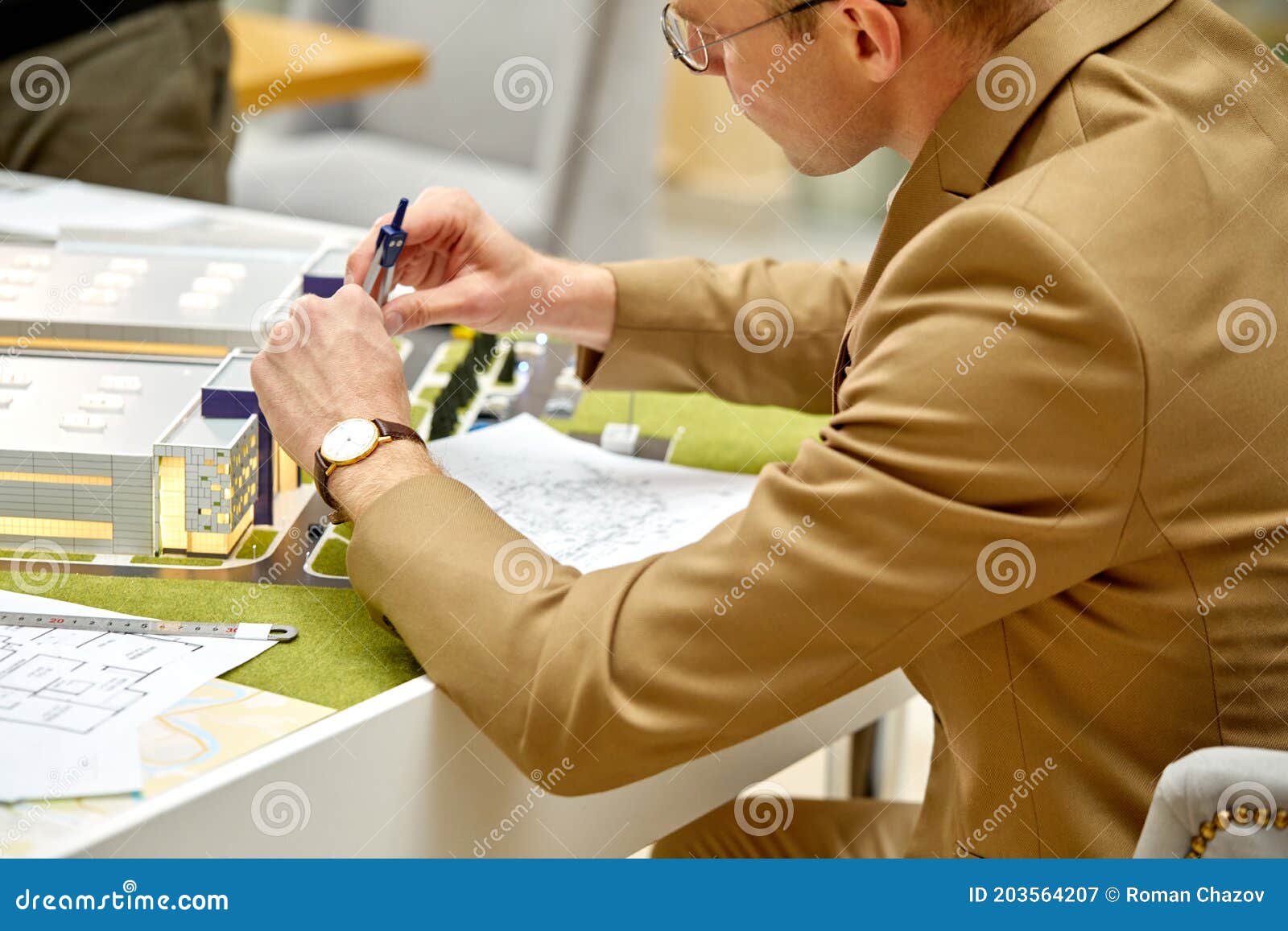 Engineer Working with Building Project on Desk Stock Image - Image of ...