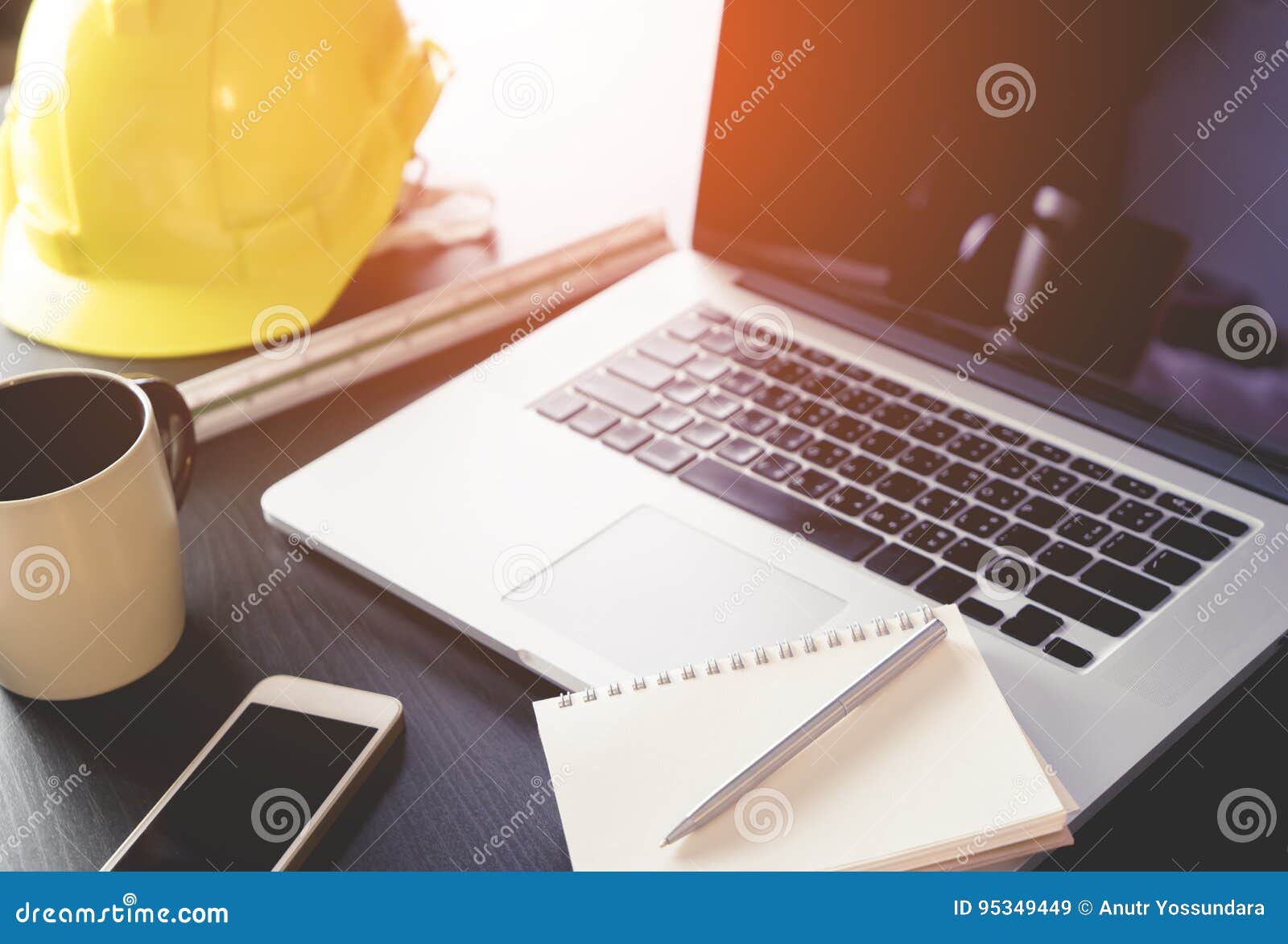 Engineer Working Desk with Computer Notebook Stock Image - Image of ...