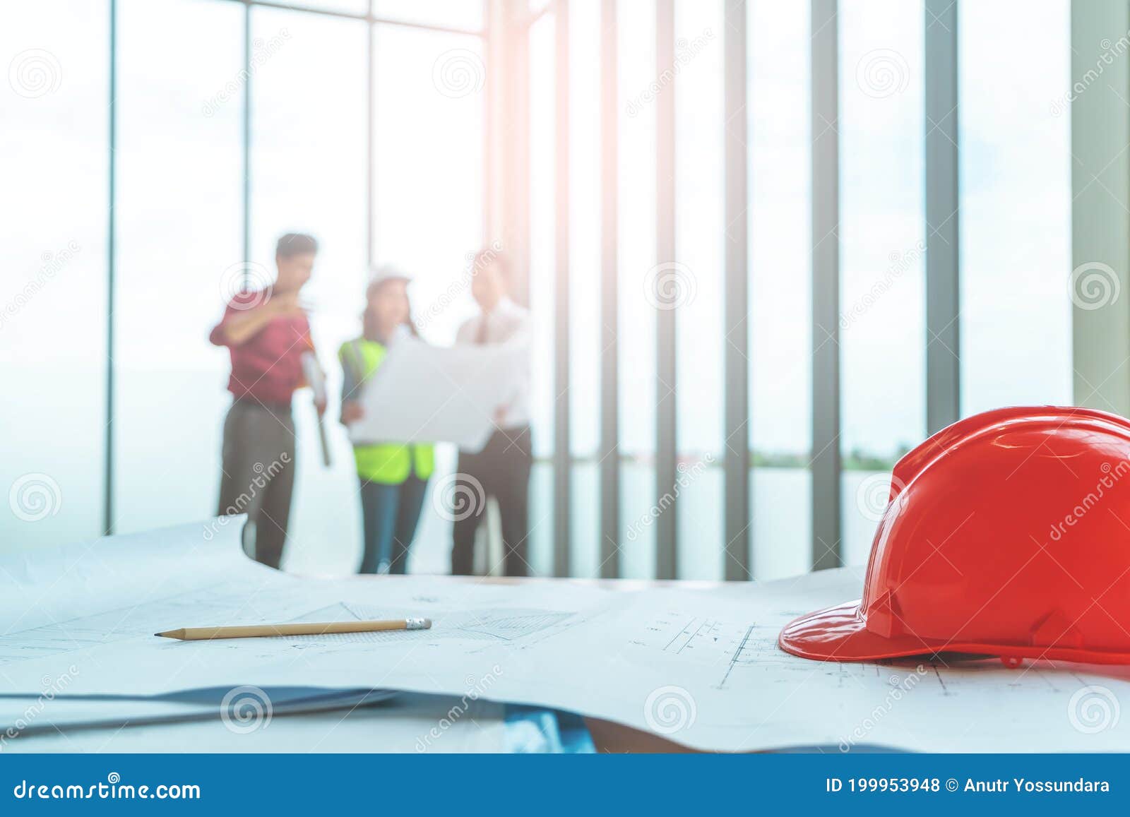 Engineer Working Desk with Helmet Construction Plan on with Three ...