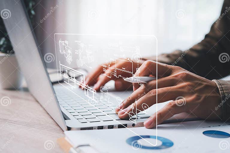 Engineer Working on Desktop Computer, Displaying a Software Control ...