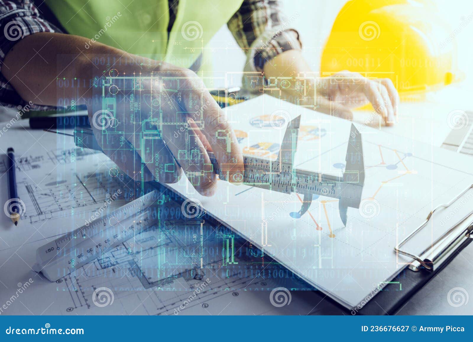 Engineer Working at a Drawings of House in Office for Discussing ...