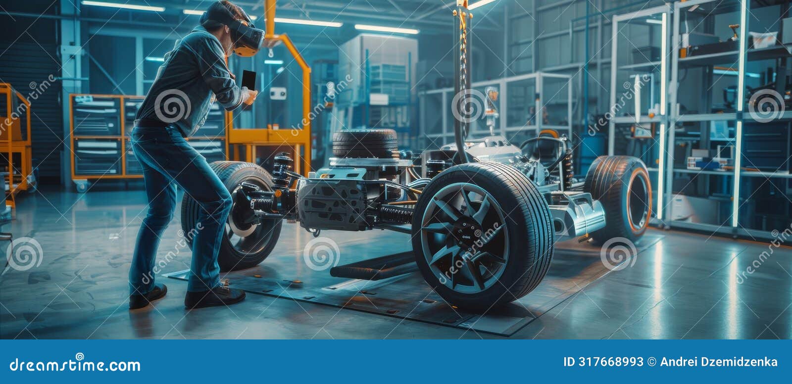 Engineer Working on Electric Car Chassis Platform. Using Augmented ...