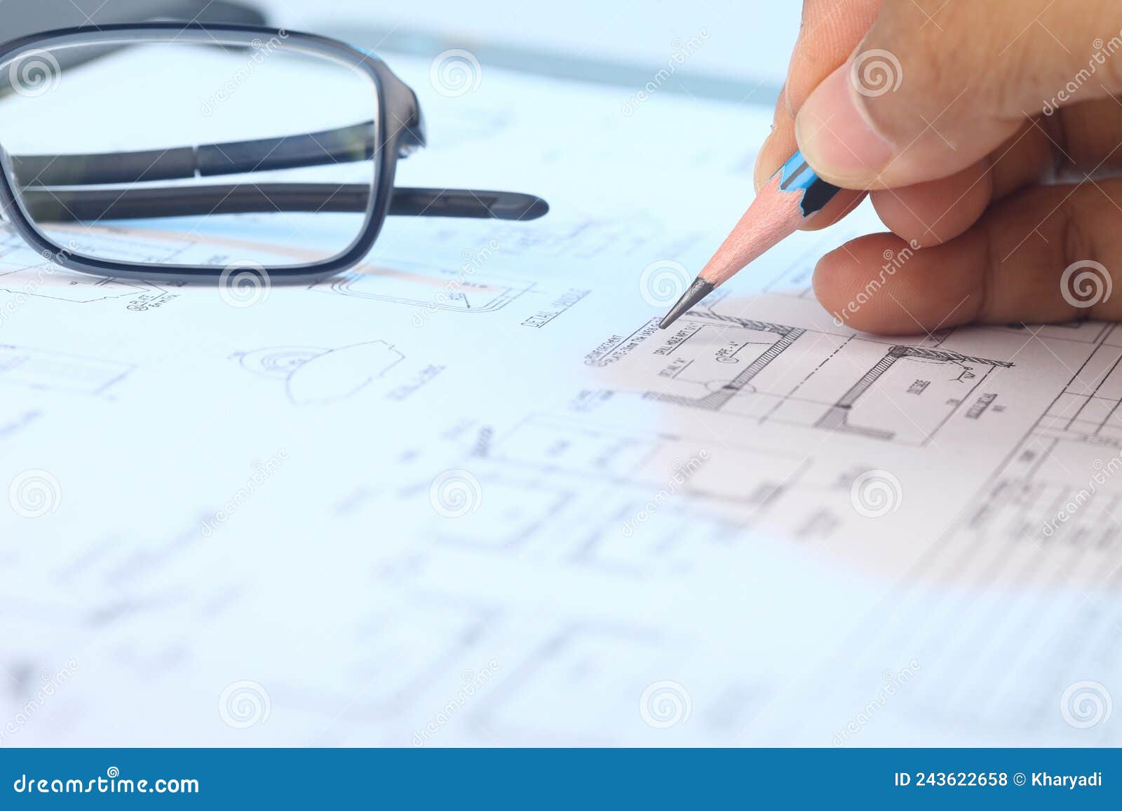 Engineer Working on Engineering Drawing for a Project. Stock Photo ...