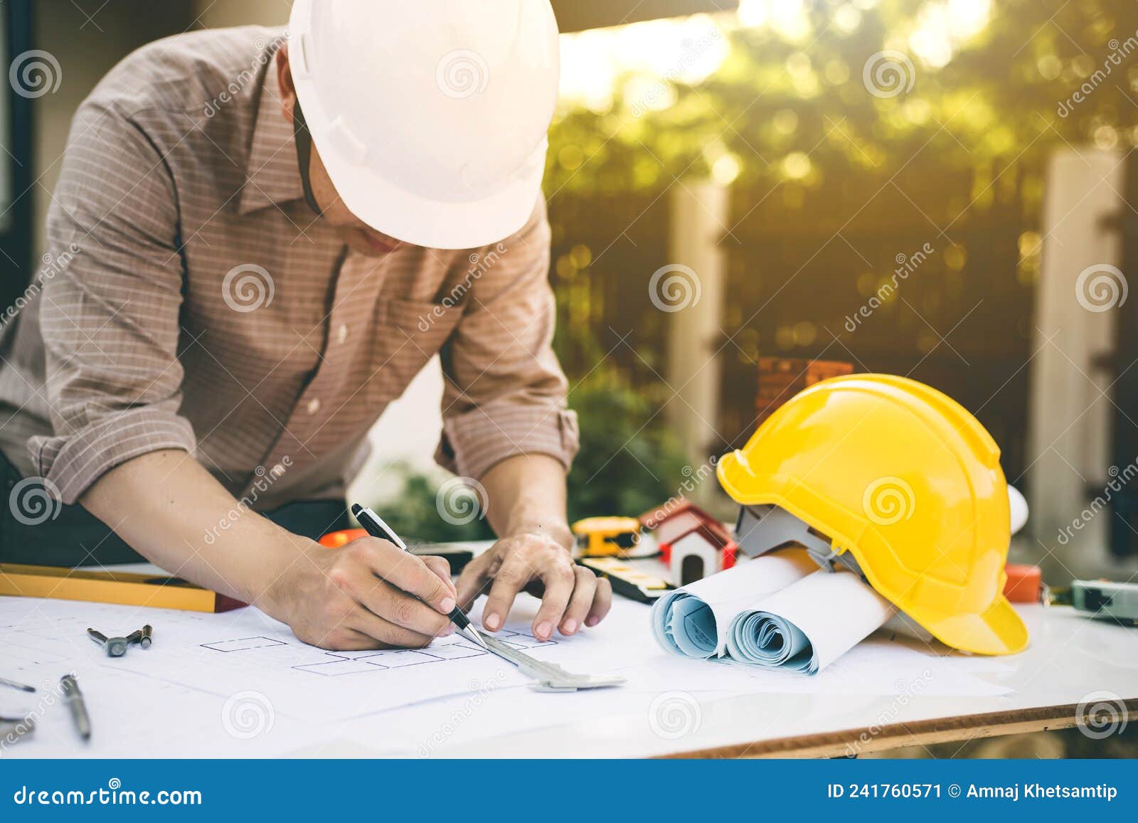Engineer Working with Engineering Tool on Workplace Stock Image - Image ...