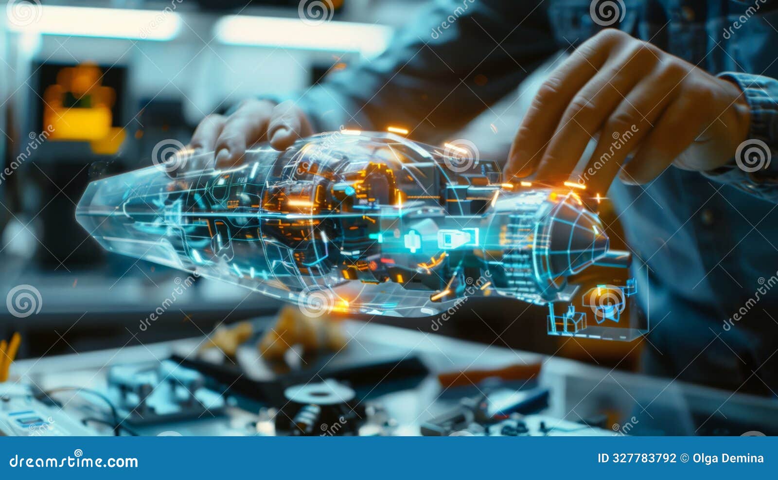 Engineer Working on a Holographic Model of a Futuristic Machine. High ...