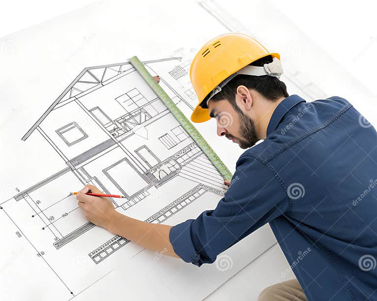 Engineer Working on Housing Project Blueprints - Architectural and ...