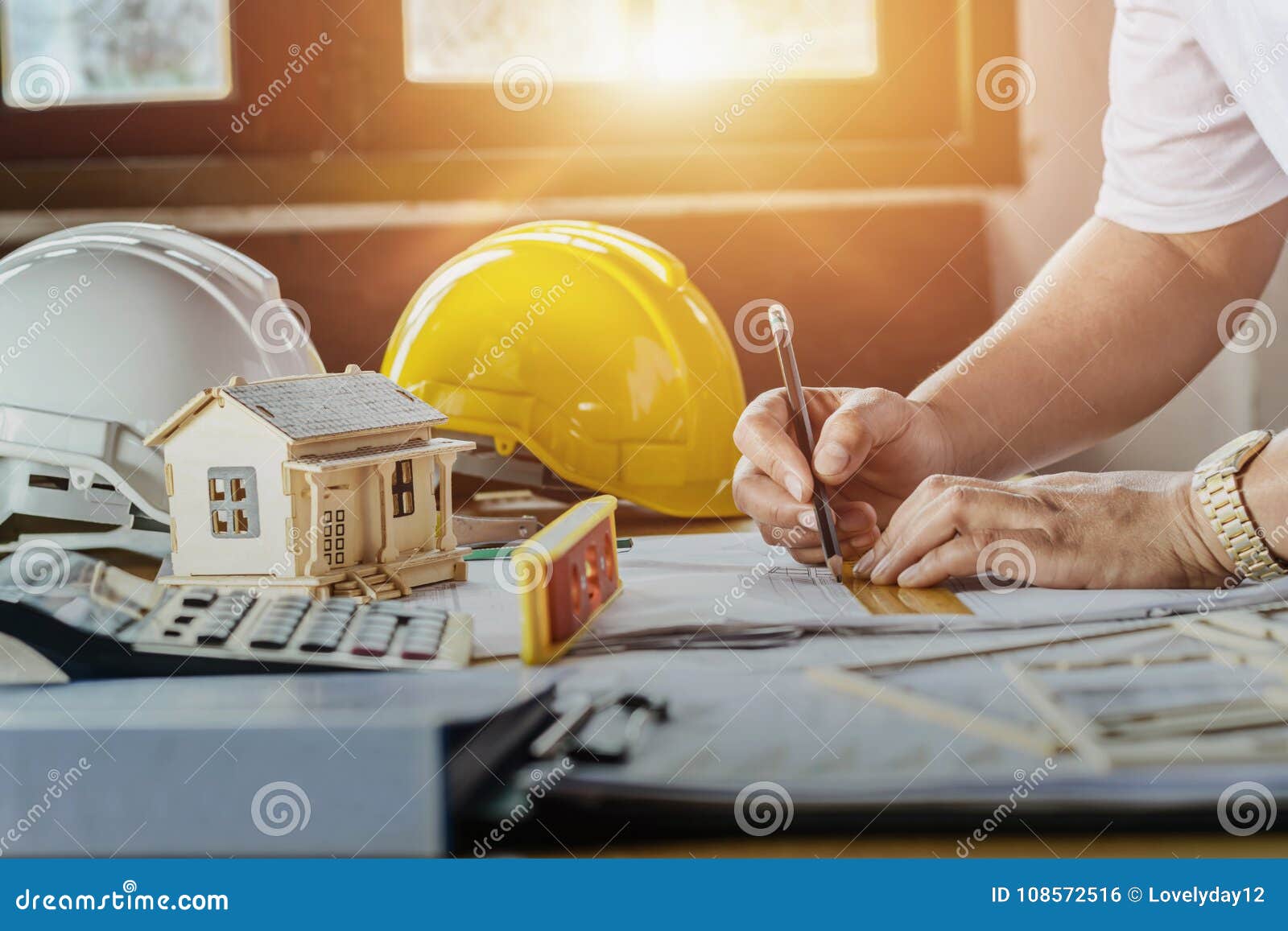 Engineer Working Inspection Plan Sketching in Workplace with Sun Stock ...