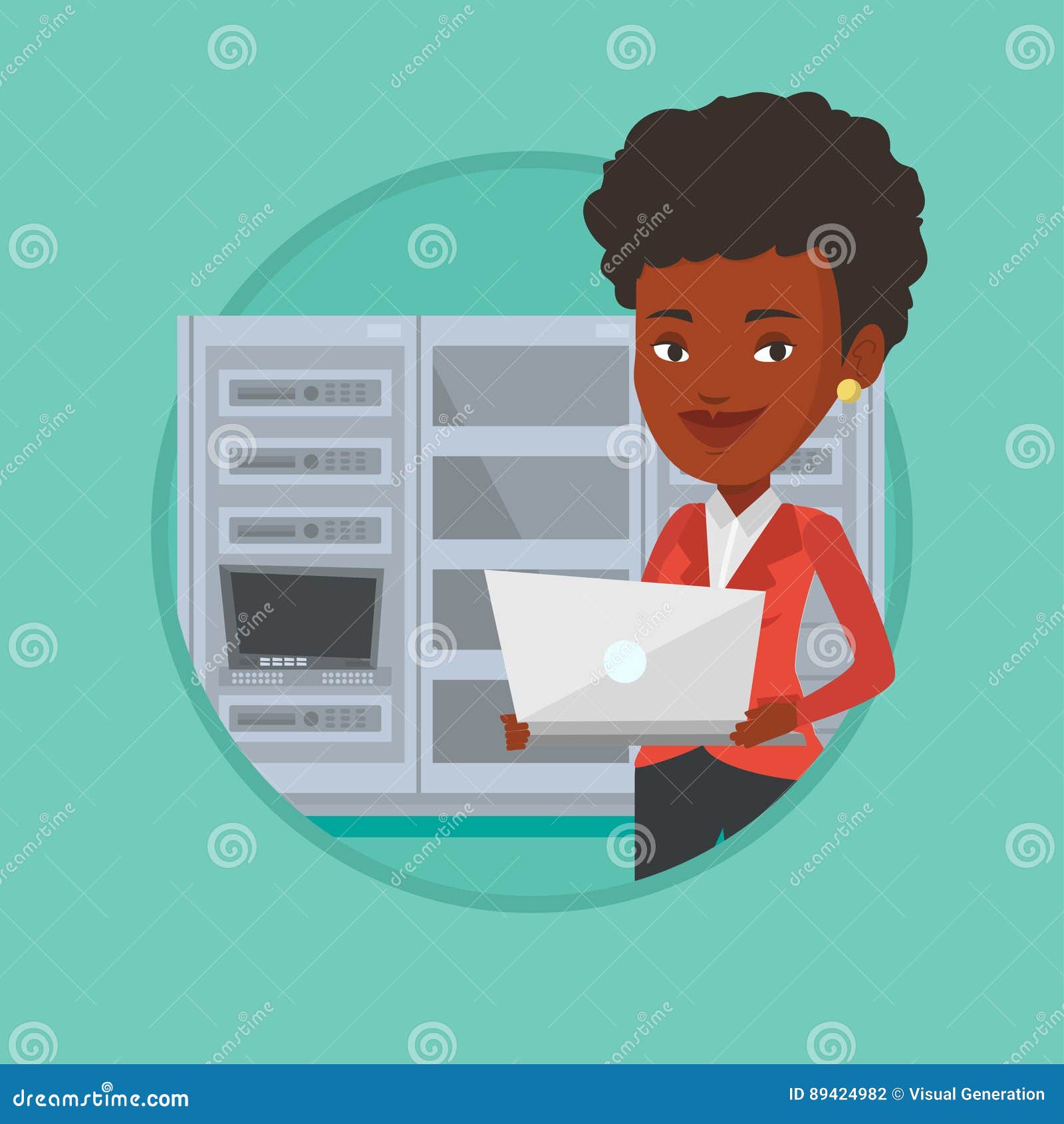 Engineer Working on Laptop in Network Server Room. Stock Vector ...