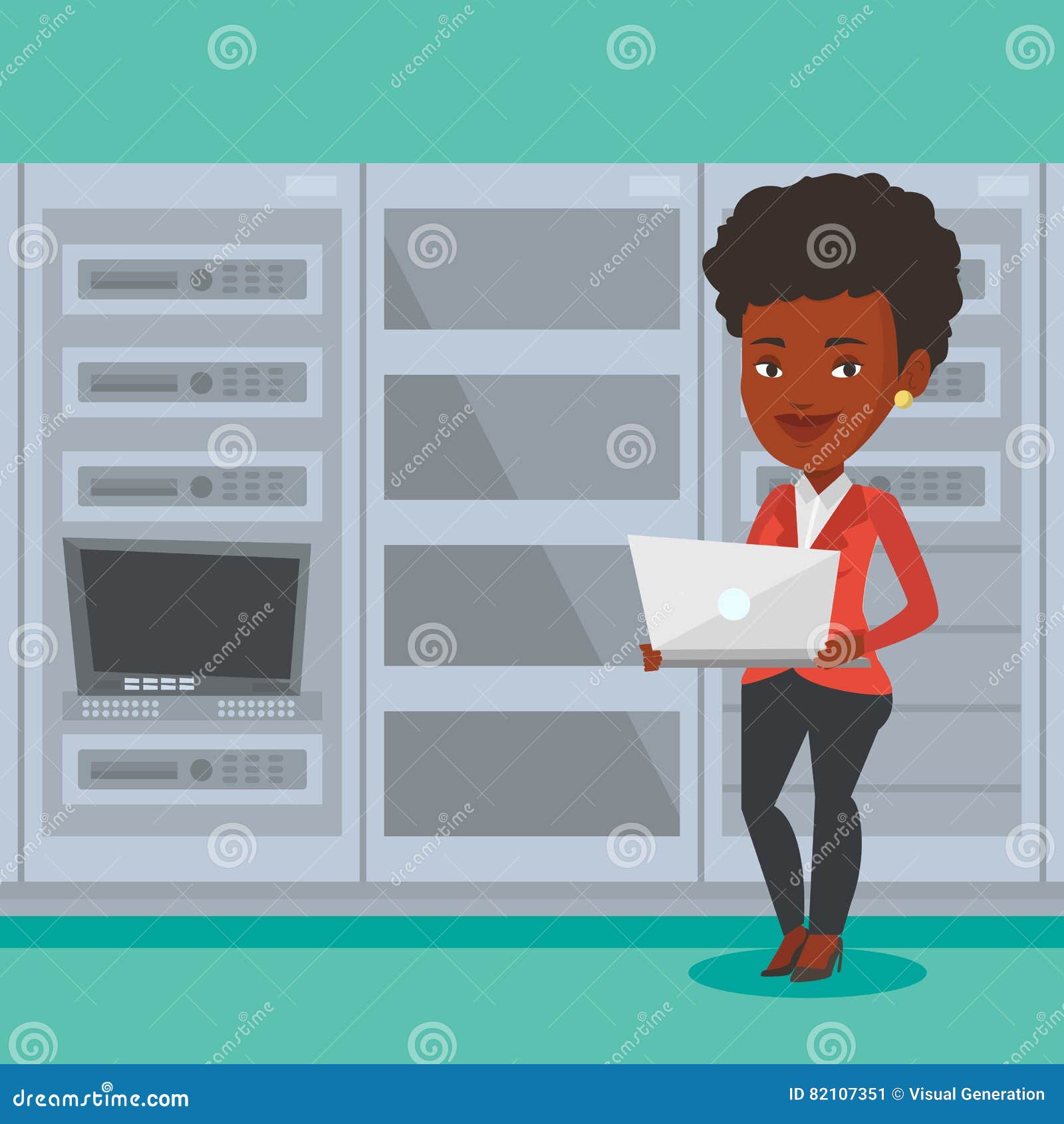 Engineer Working on Laptop in Network Server Room. Stock Vector ...