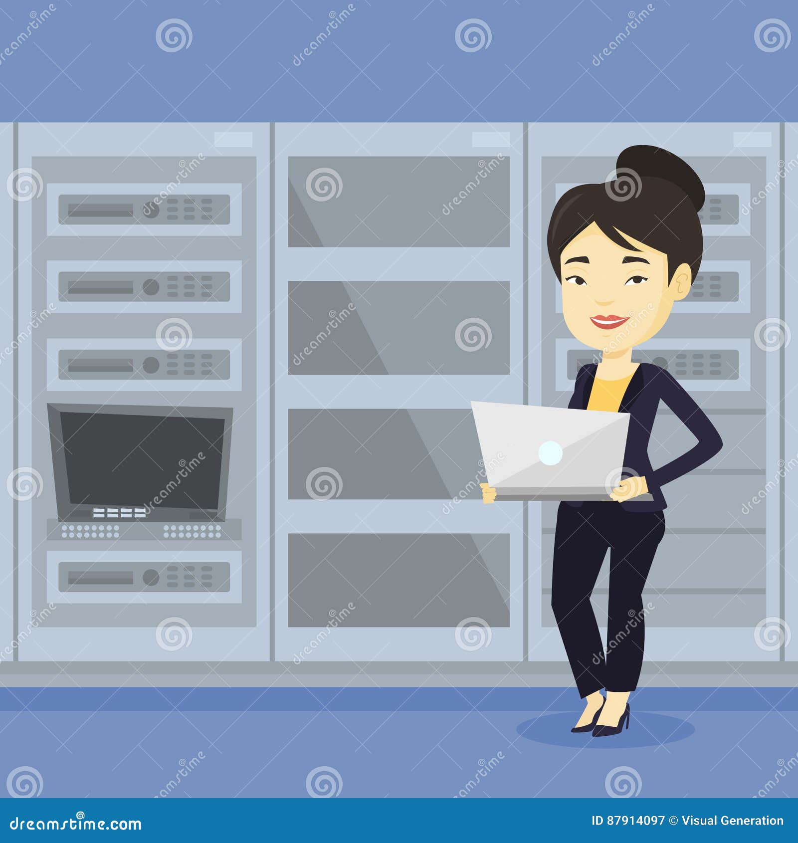 Engineer Working on Laptop in Network Server Room. Stock Vector ...
